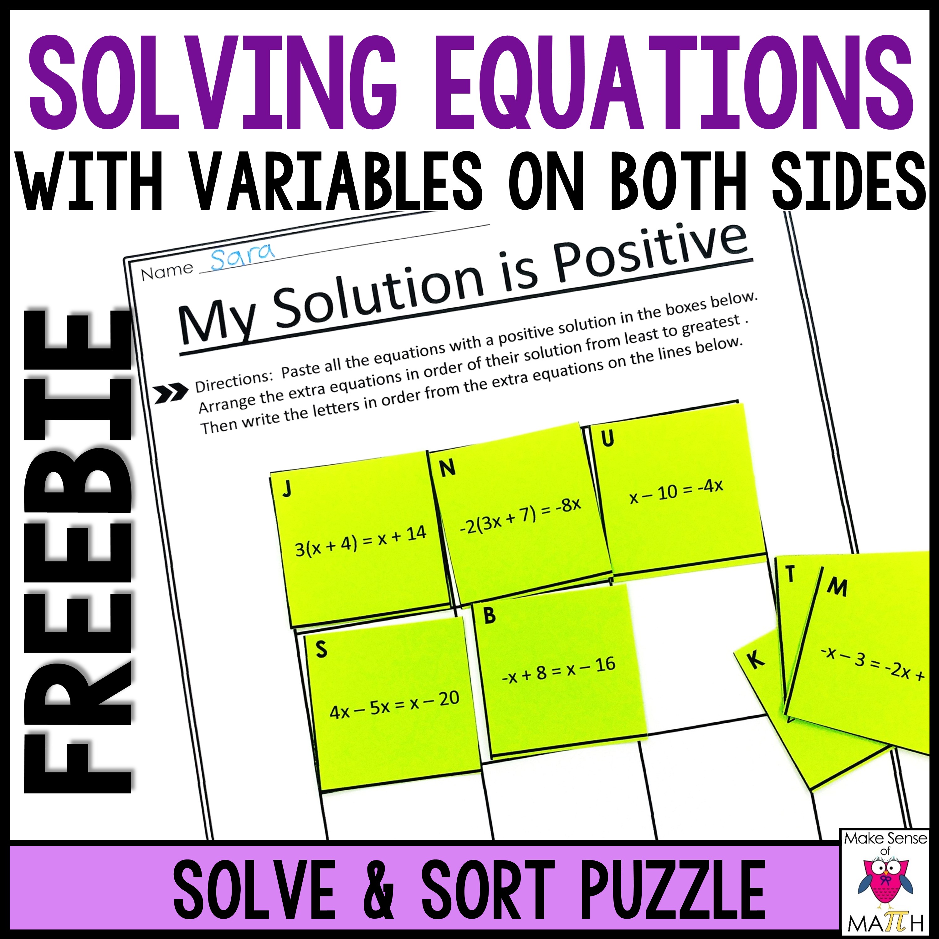 Solving Equations with Variables on Both Sides Puzzle Free | Multistep ...