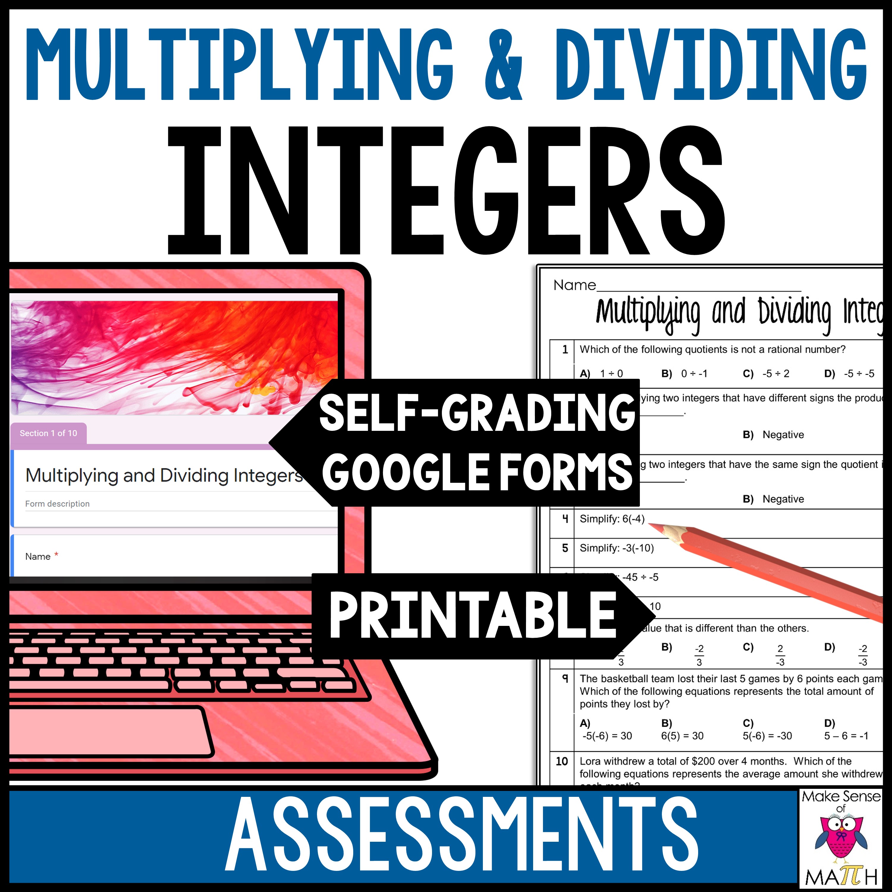 Multiplying and Dividing Integers Assessments Digital and Printable