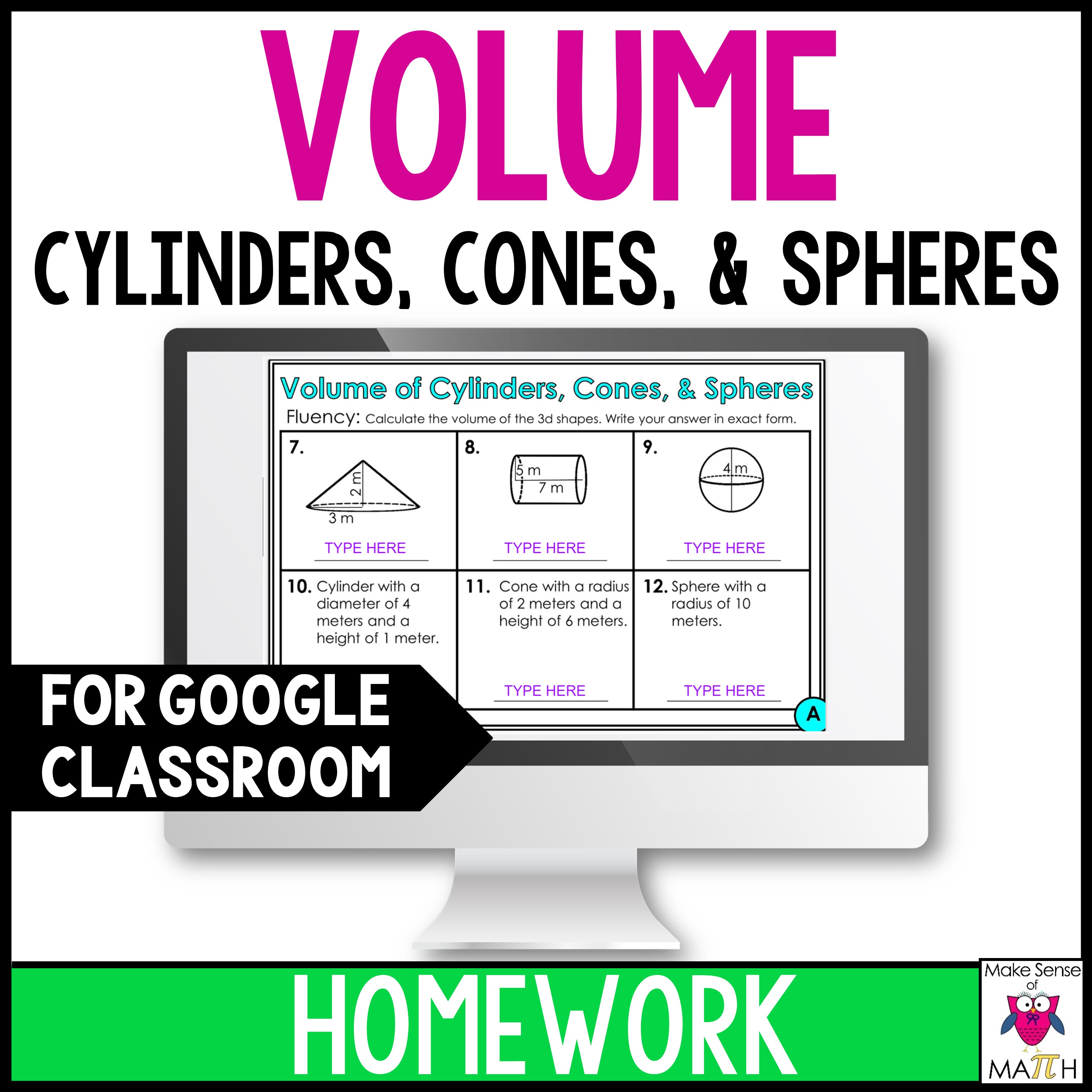 Volume of Cylinders Cones Spheres Digital Worksheets | Google Classroom ...