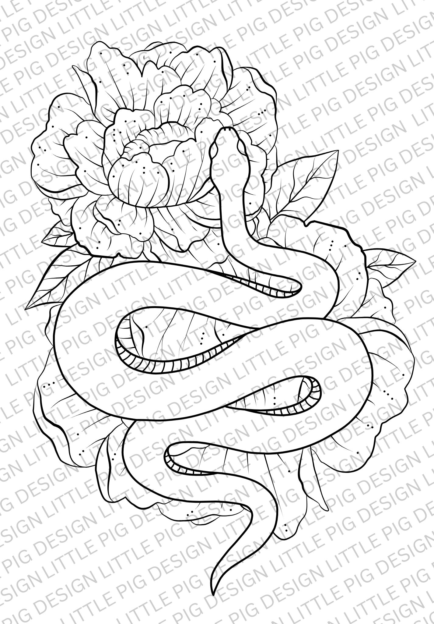 Snake & Peony A4 print tattoo design - Payhip