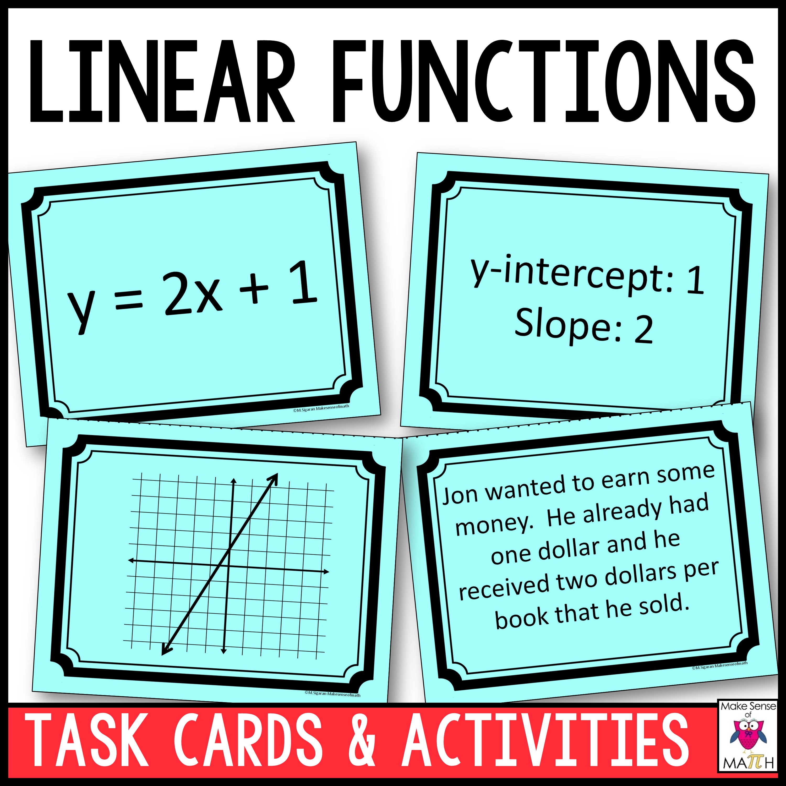 Linear Functions Task Cards | Equations, Graphs, Situations, Slopes & y-int