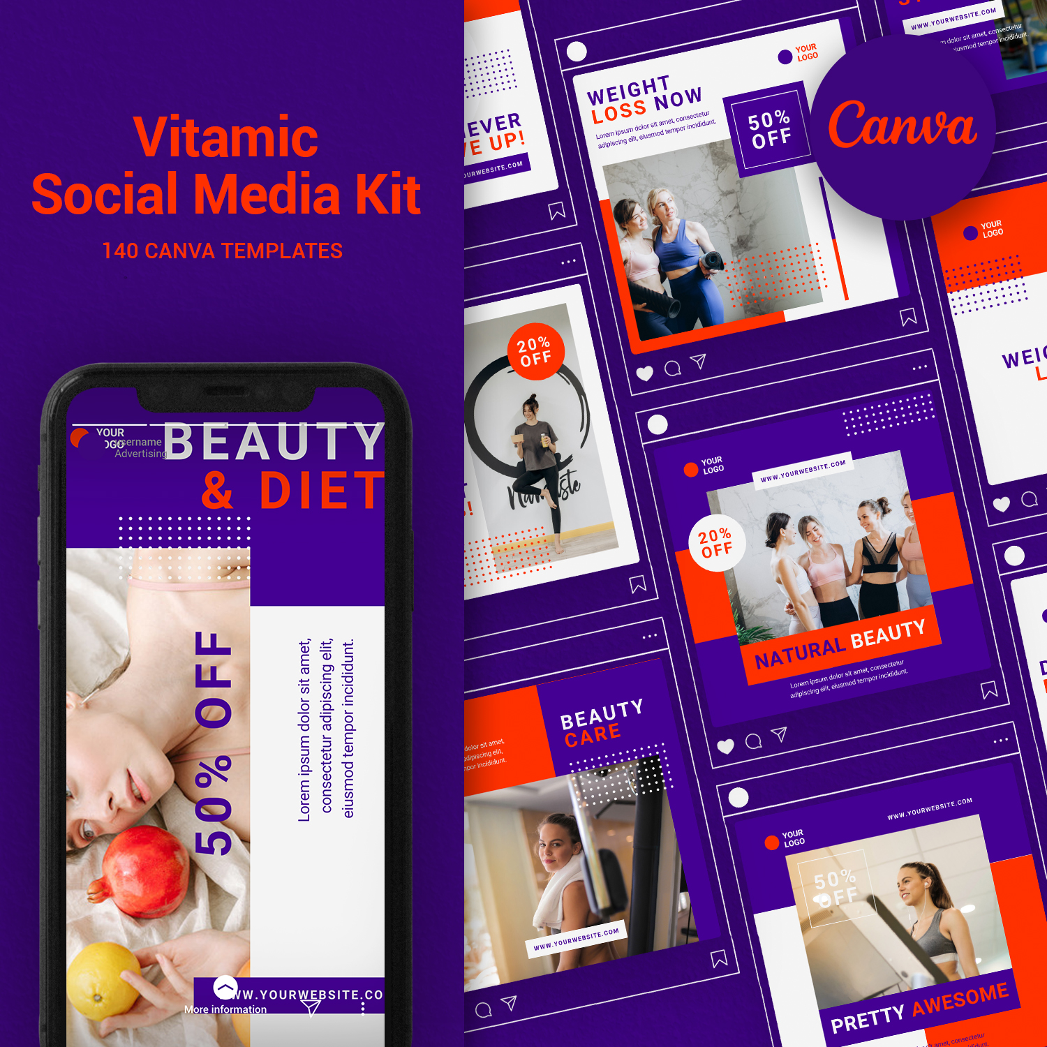 140 Diet & Health Social Media Canva Templates - Payhip