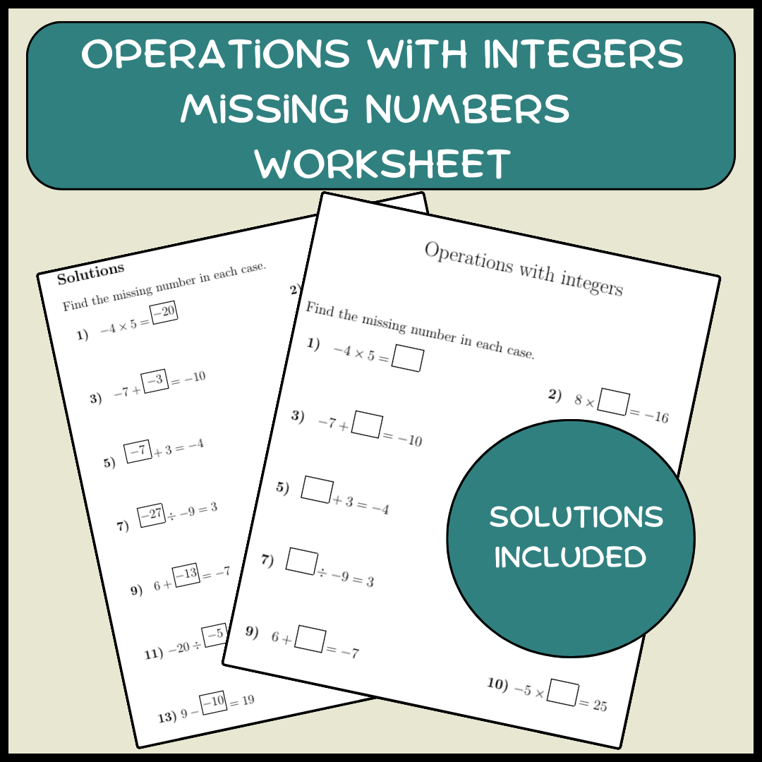 Operations with Integers Missing Numbers Worksheet (with answers)
