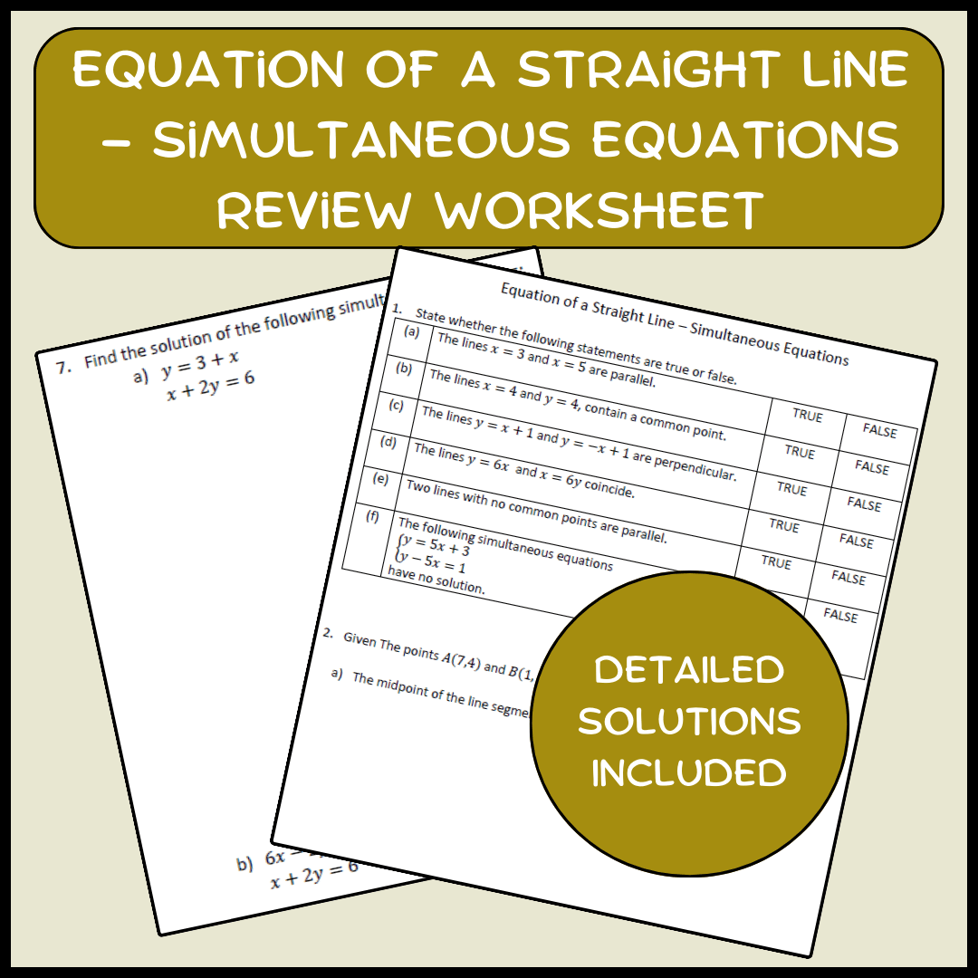Equation of a Straight Line – Simultaneous Equations Review Worksheet ...
