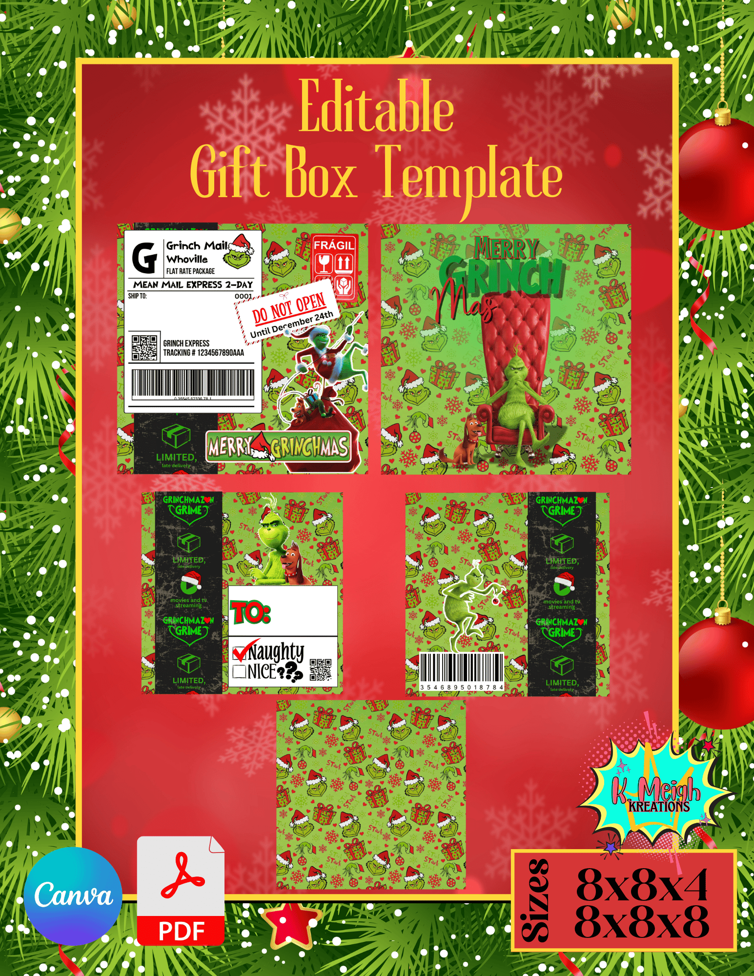 8x8x8 & 8x8x4 Grinchmas Gift Box Template- PDF and Canva Link - Payhip