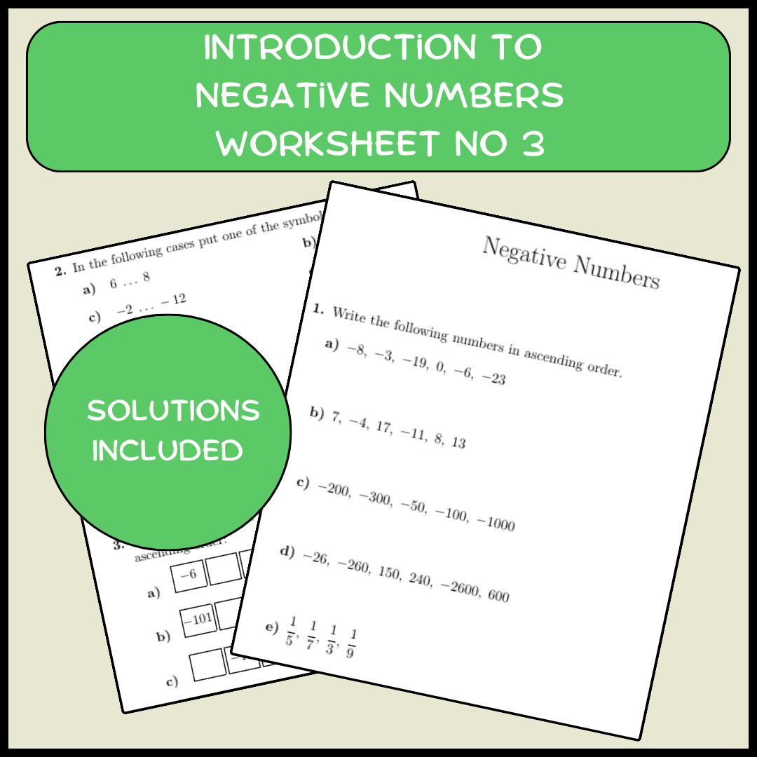 Introduction to Negative Numbers Worksheet No 3 (with solutions)