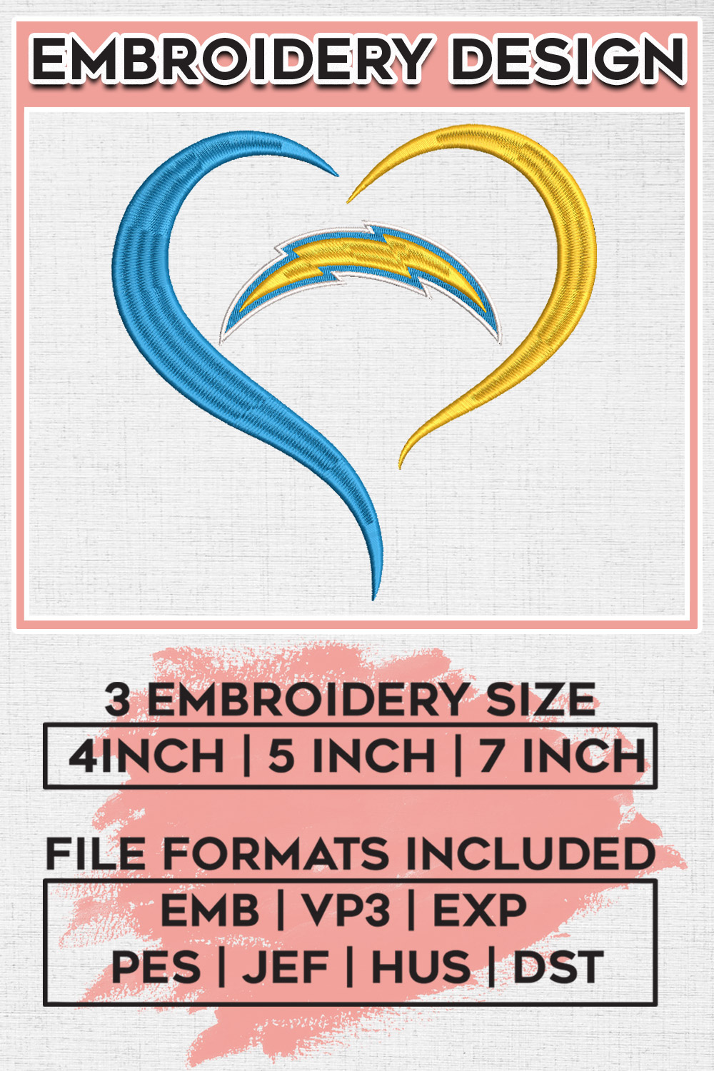 NFL Los Angeles Chargers Heart Embroidery Design Files, NFL Chargers ...