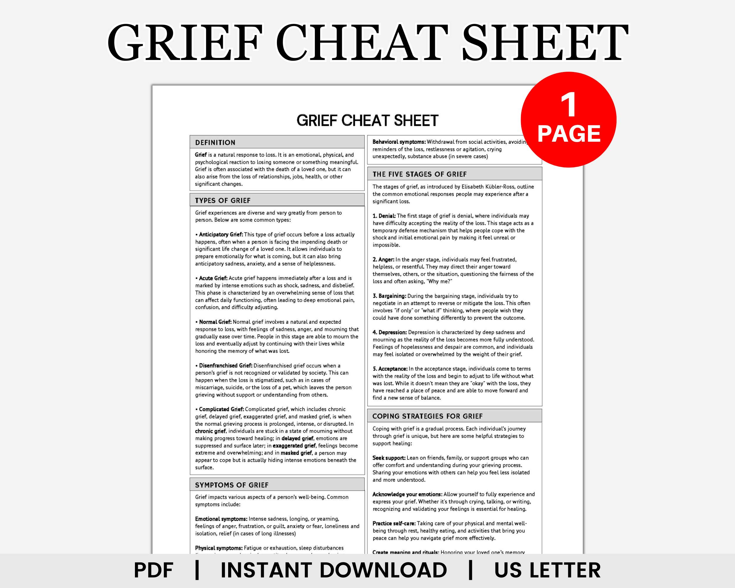 Grief Cheat Sheet, Grief Therapy, Grief Counseling, Bereavement Therapy ...