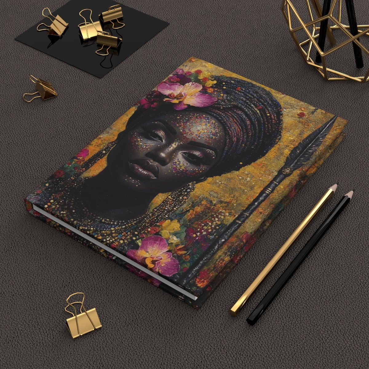 Afrocentric Hardcover Journal, Black Woman with Golden Accents, Orchids ...