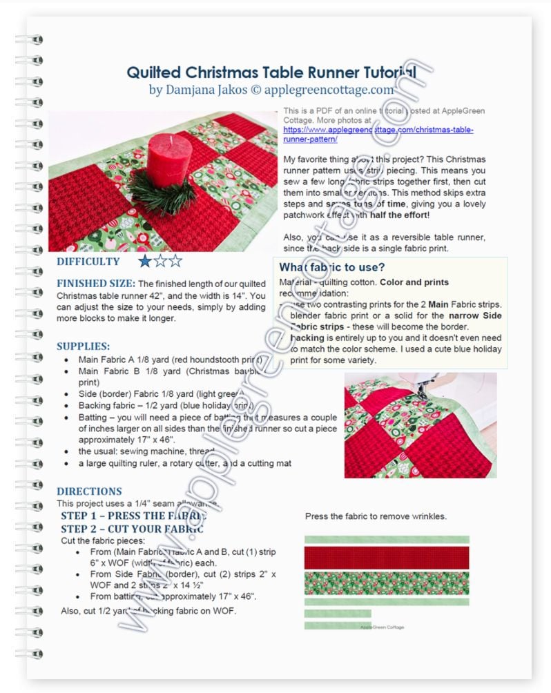 Quilted Christmas Table Runner - Printable Tutorial PDF