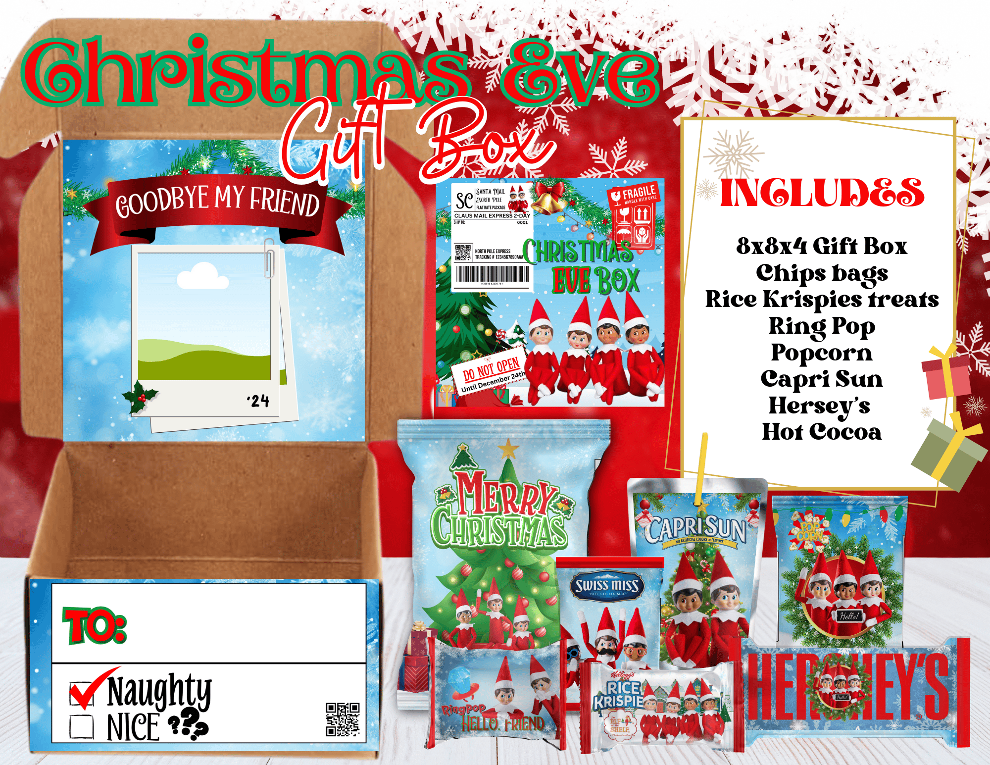 8x8x4 Elf Goodbye Gift Box & Party Favor Template Bundle with Goodbye ...
