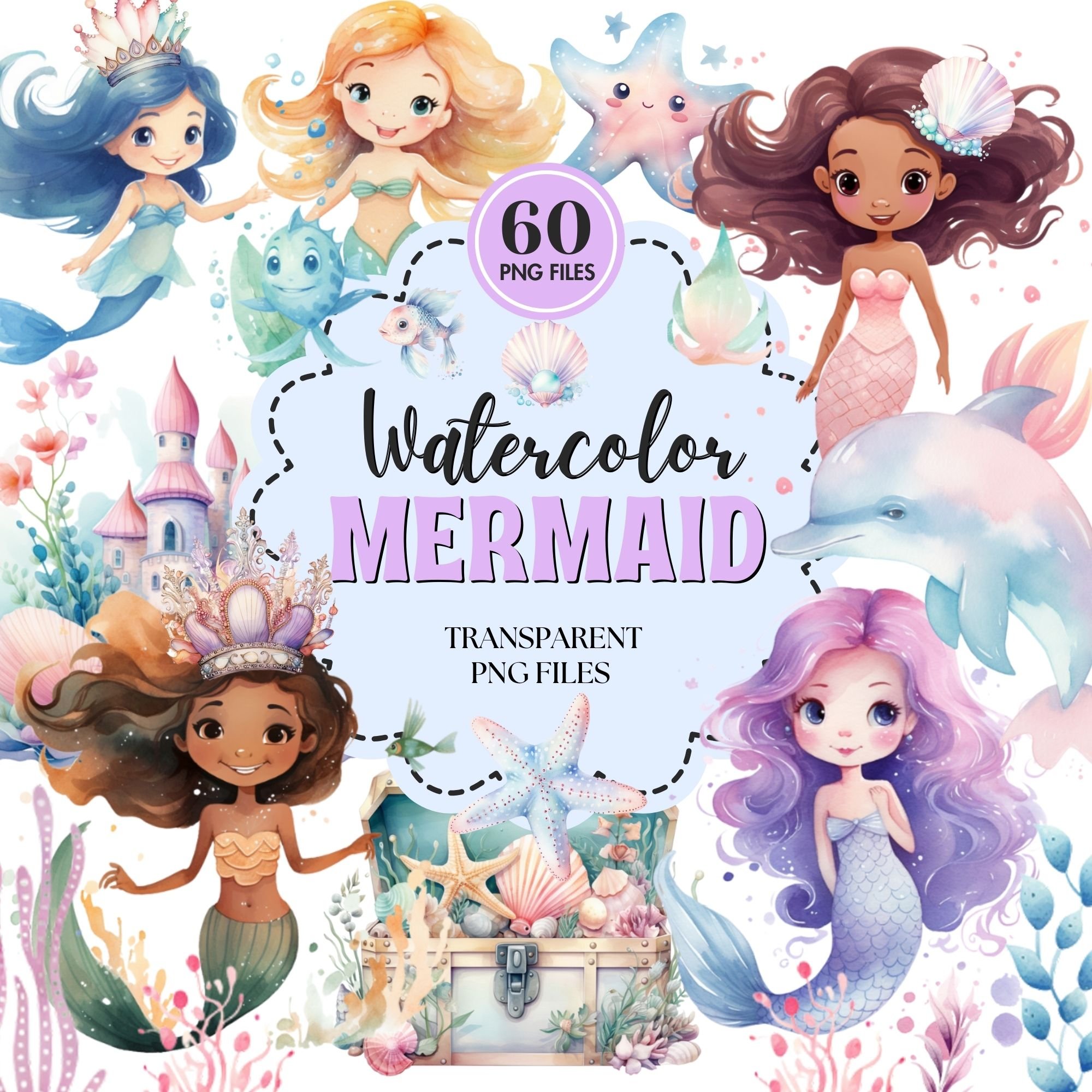 Whimsical Mermaid Clipart Set, Cute Underwater Graphics for Nursery ...