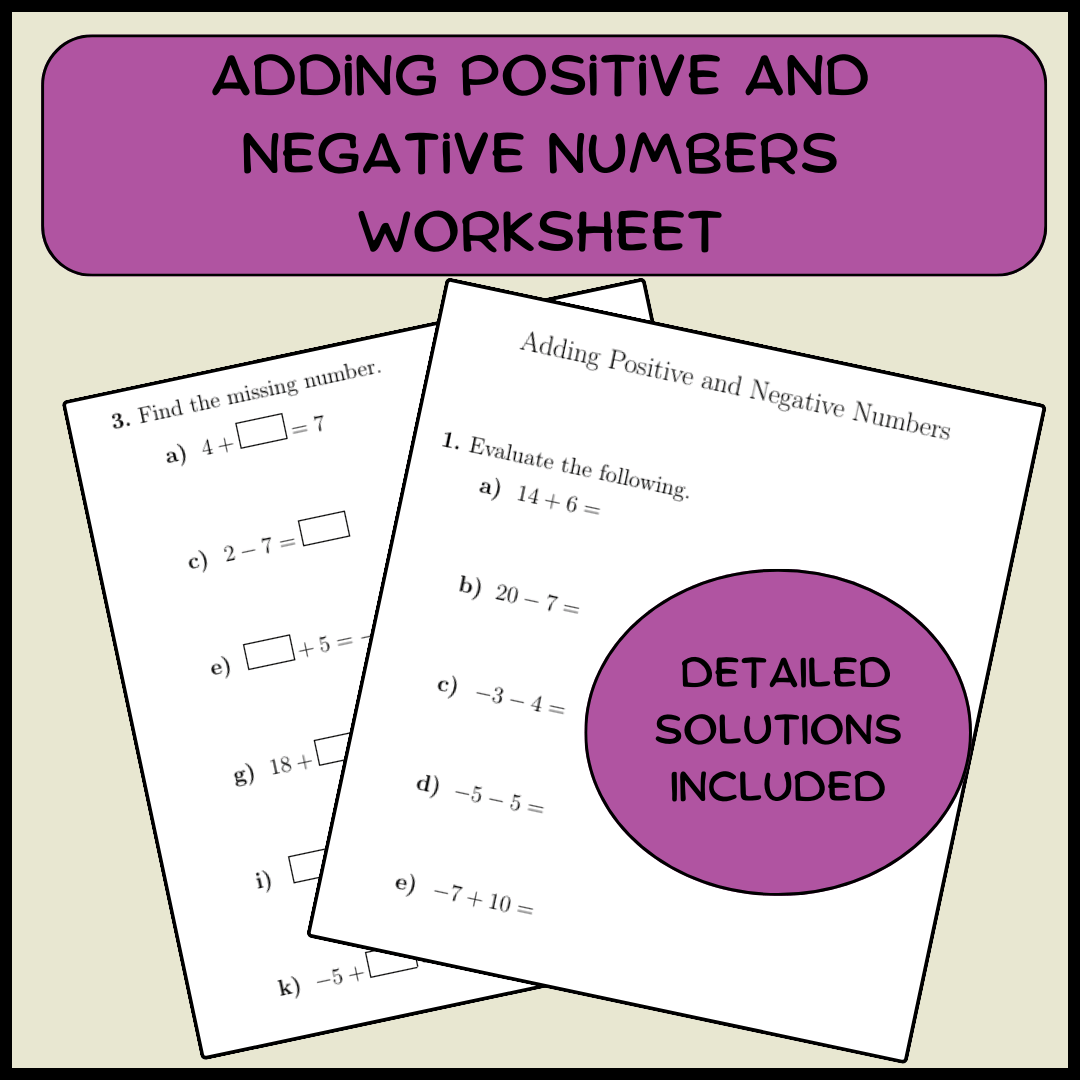 Adding Positive and Negative Numbers Worksheet (with solutions)