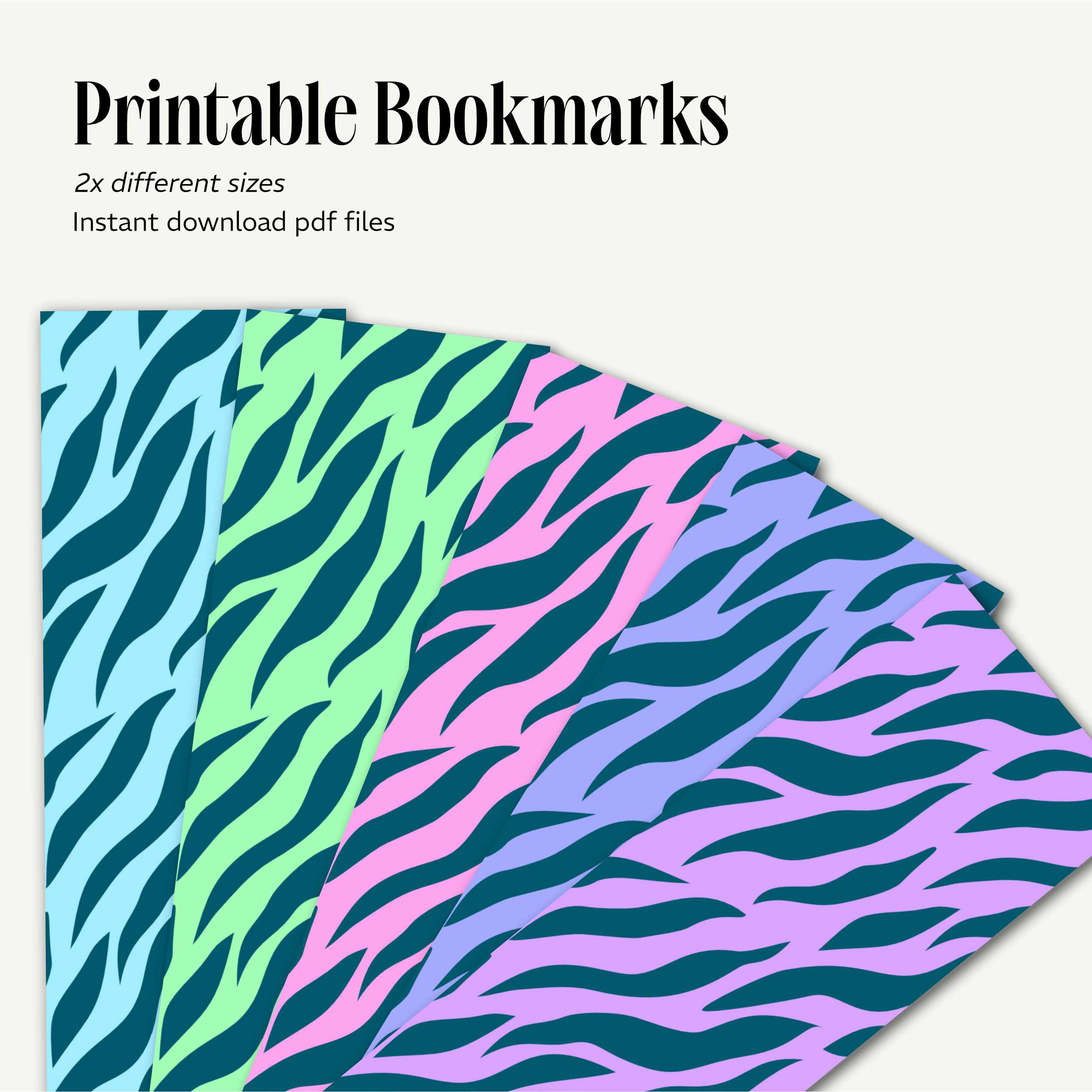 Zebra Animal Print Bookmarks Printable - Set of 5 Neon Colors