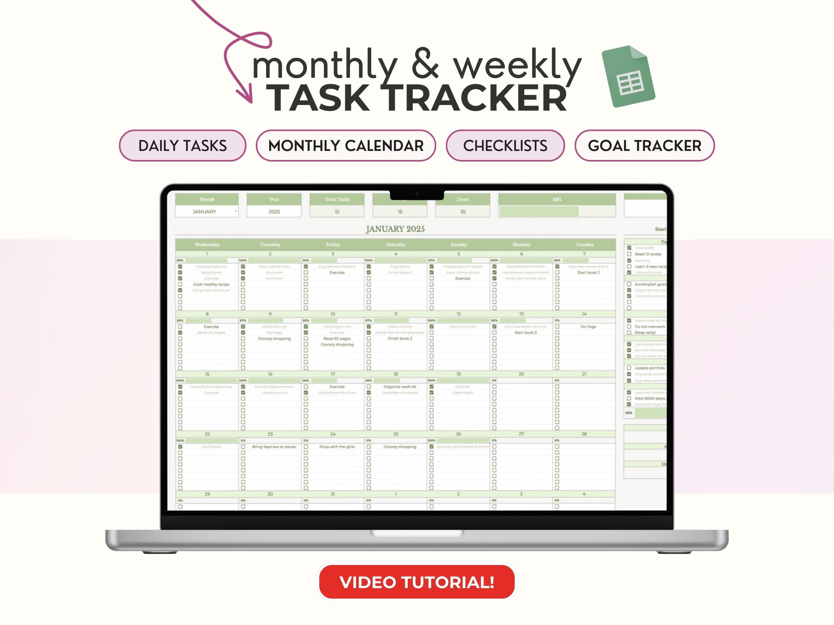 Monthly Task Tracker Google Sheets Daily Planner To-do List Weekly Goal Tracker Daily Checklist ...
