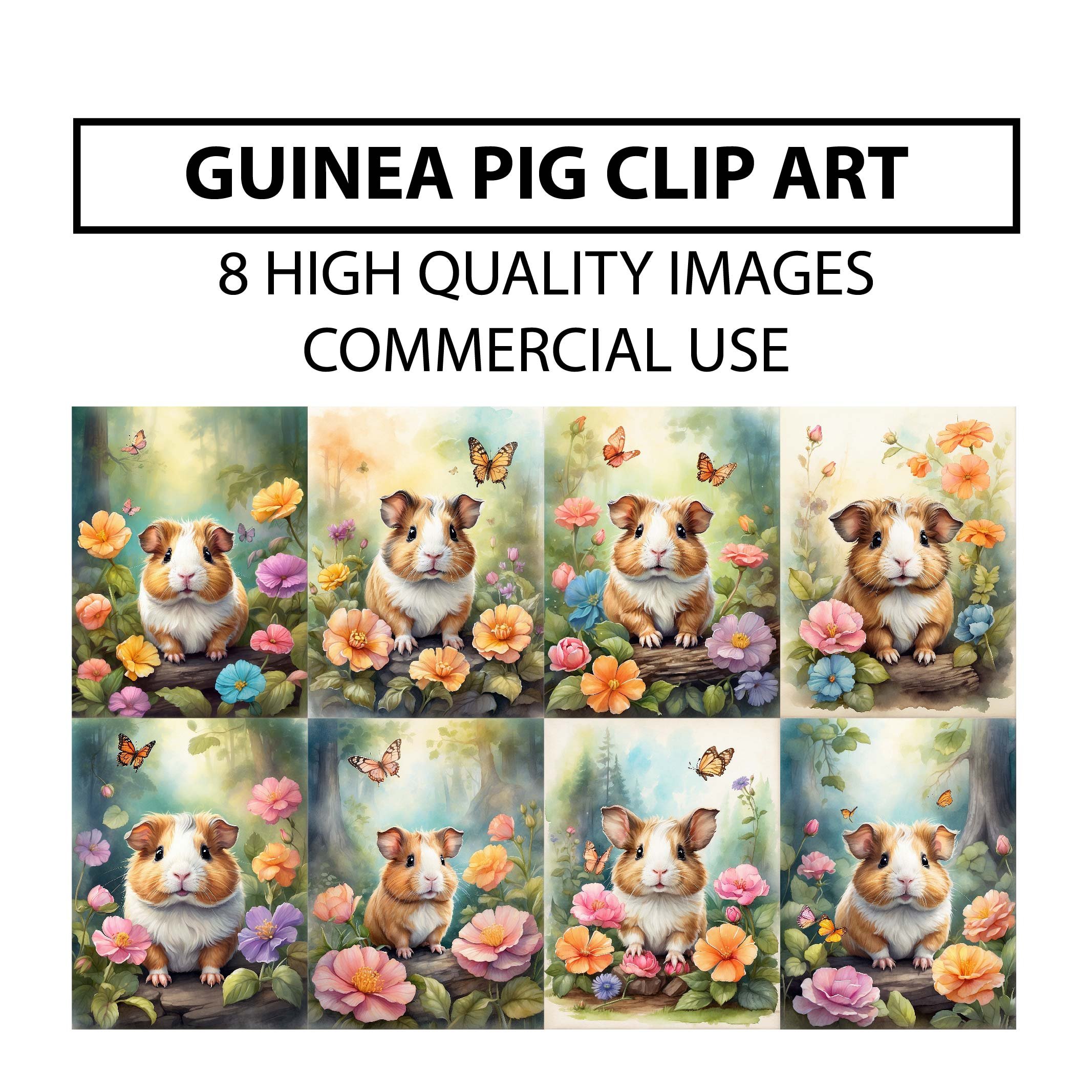 Guinea Pig Clip Art Designs - 8 High-Quality JPGs Bundle, Watercolor ...