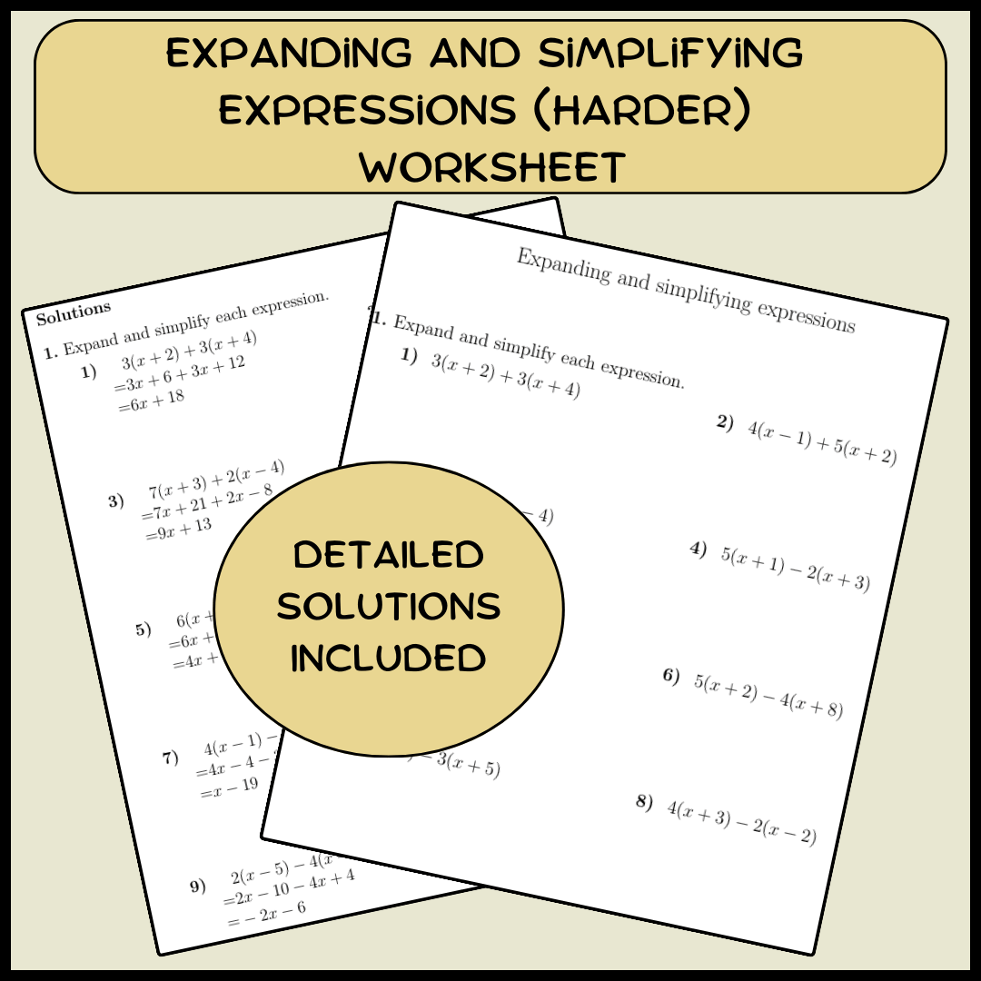 Expanding and simplifying expressions (harder) worksheet (with solutions)