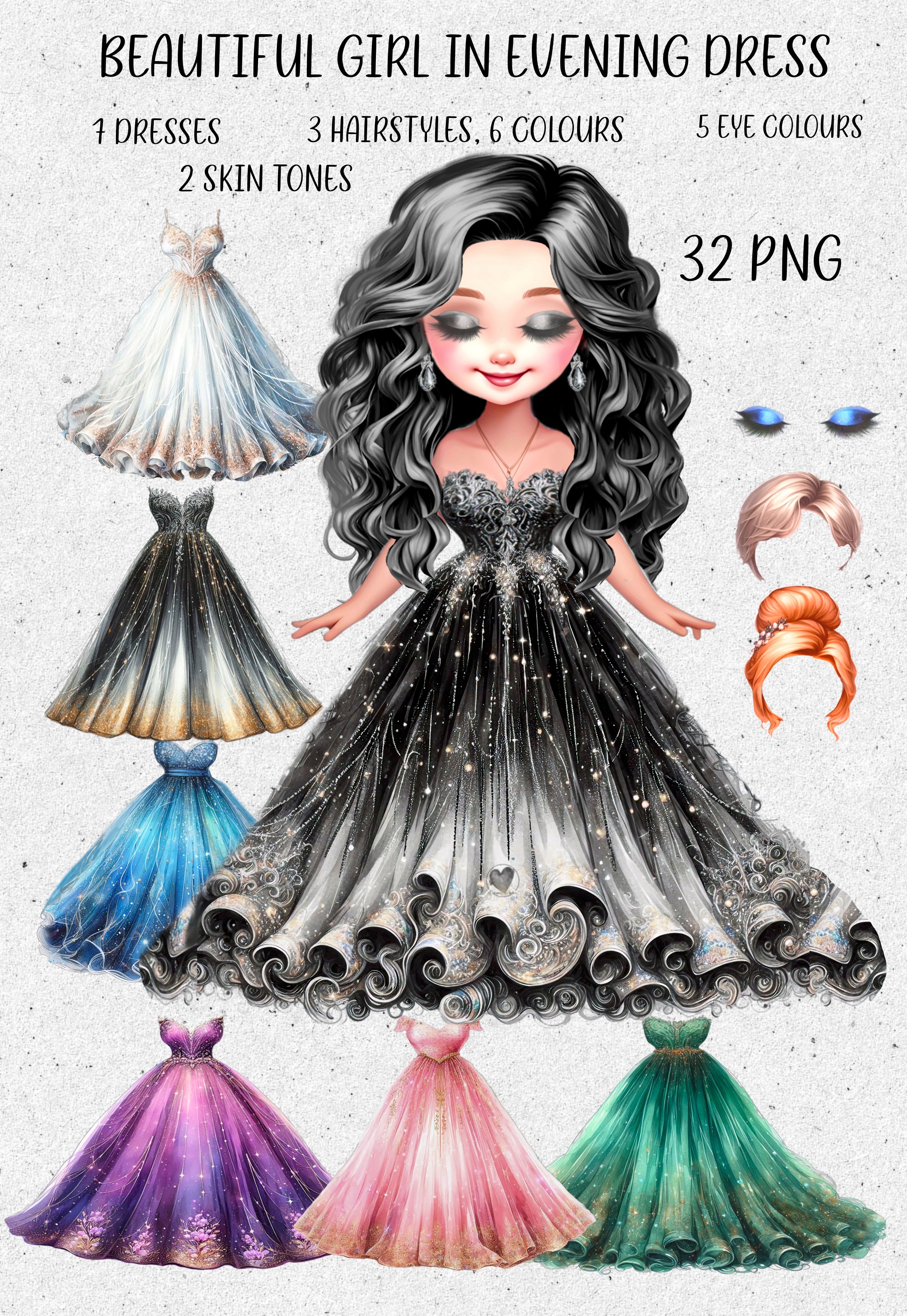 Chibi girls in evening dress, ball gown, prom, New Year. 2 skin tones ...