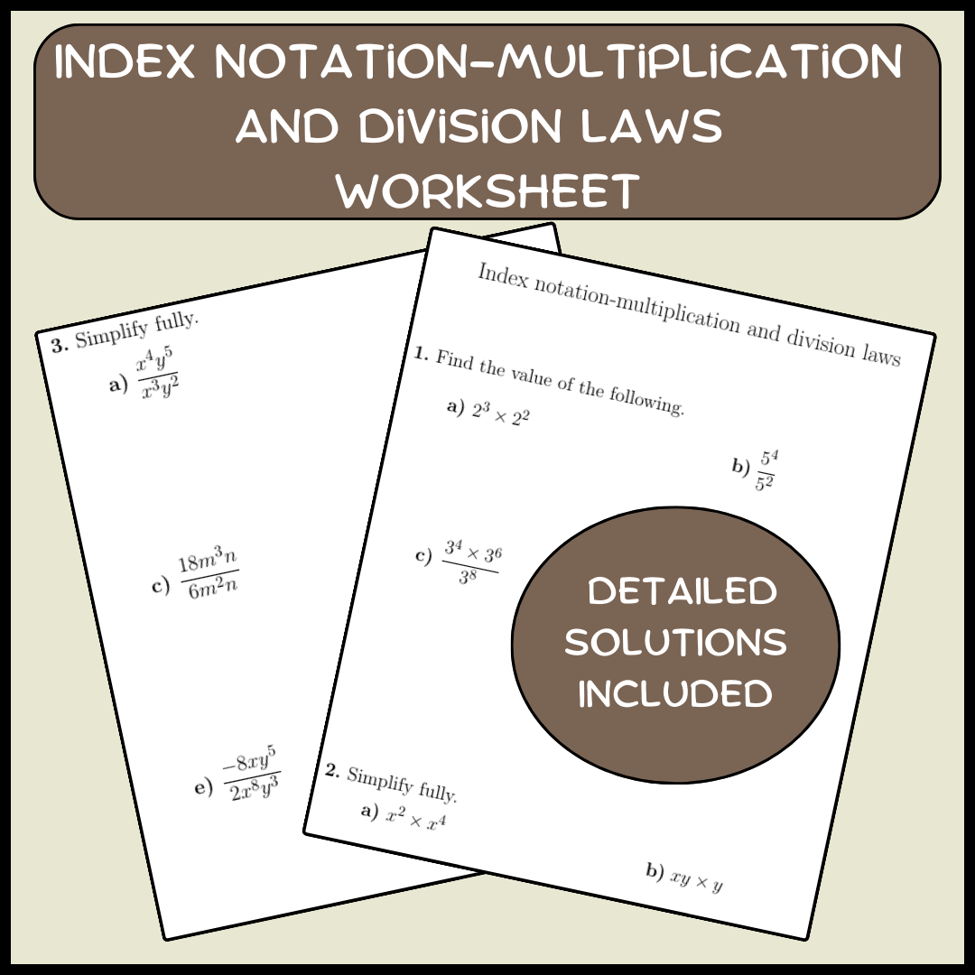 Index notation-Index laws worksheets (with solutions)