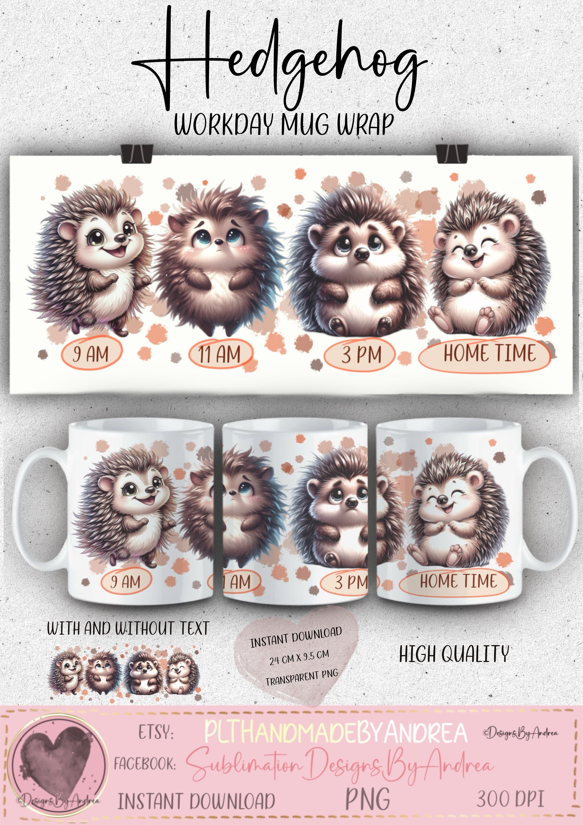 Hedgehog workday mug wraps, one with and one without text - Payhip
