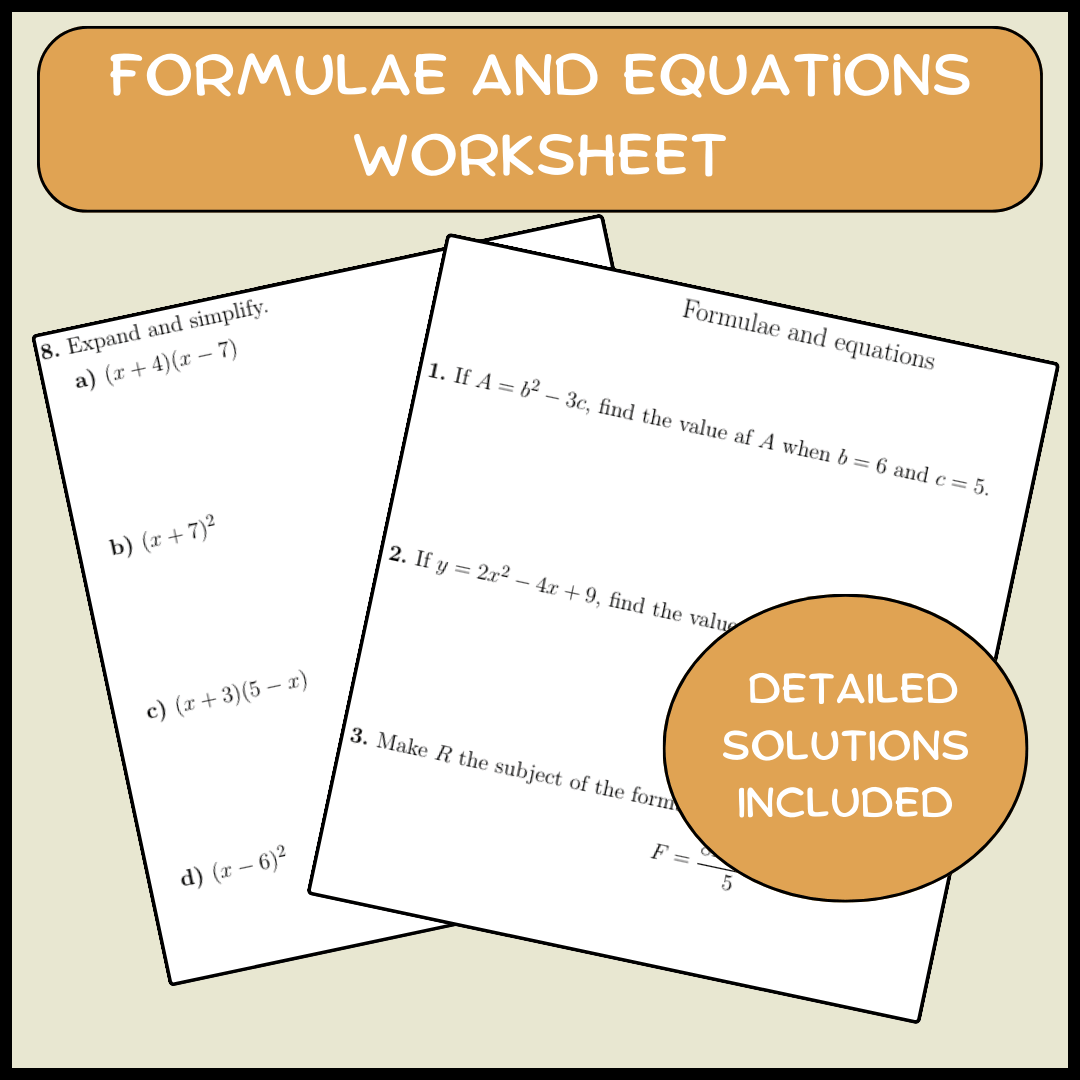 Formulae and equations worksheet (with solutions)