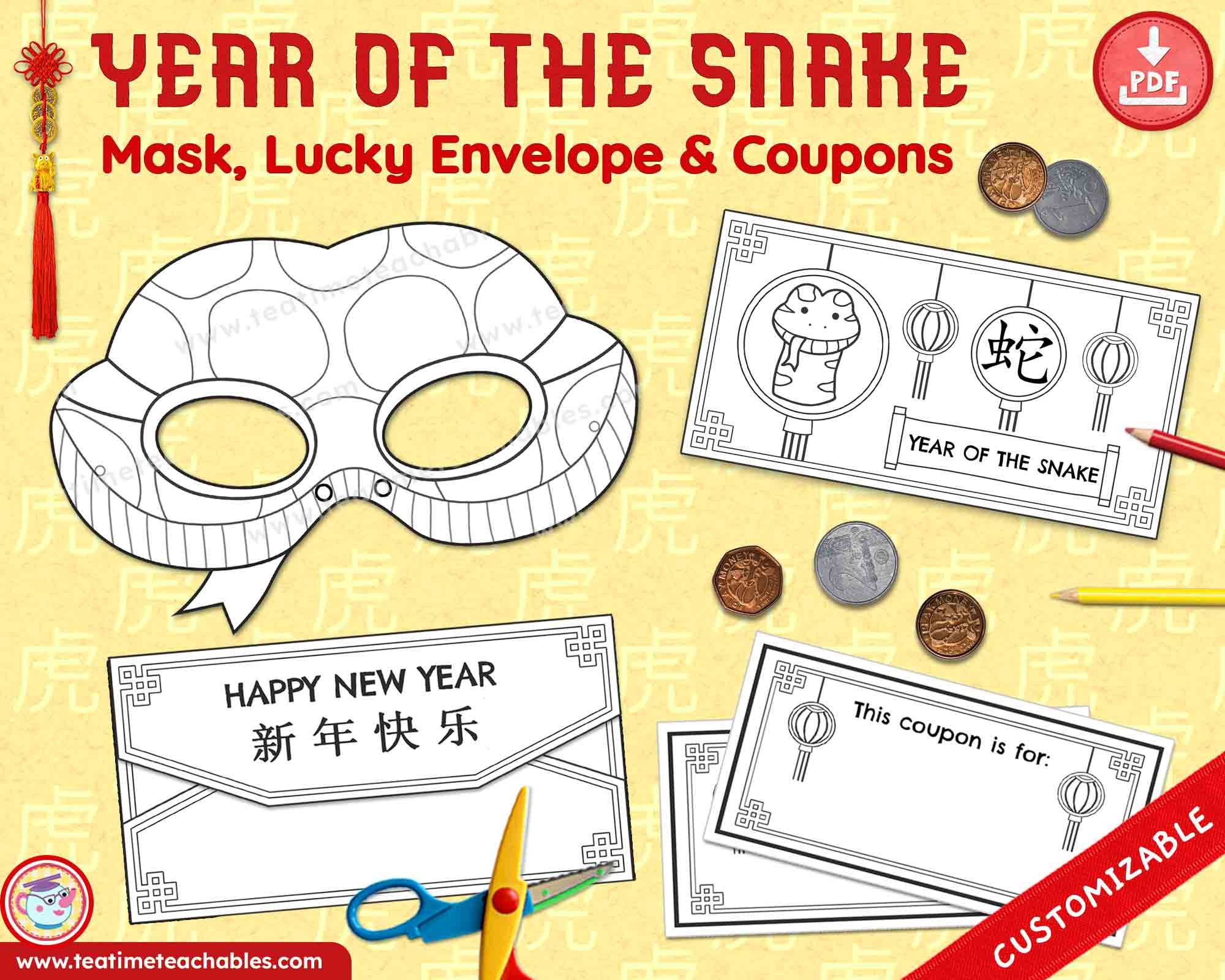 Year of the Snake Mask & Lucky Red Envelope - FOR COLOURING - Payhip