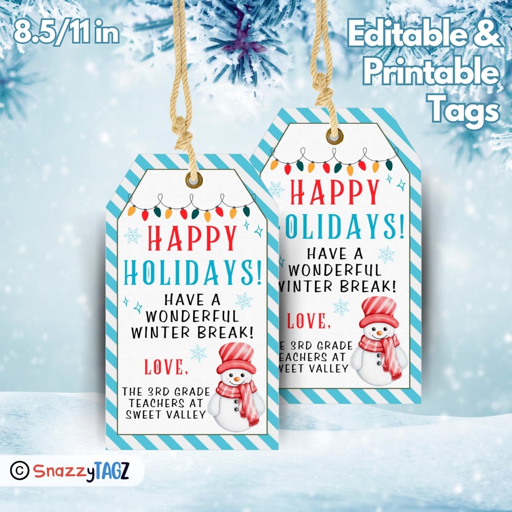 Happy Holidays Snowman Gift Tag Editable Template from Teachers to ...