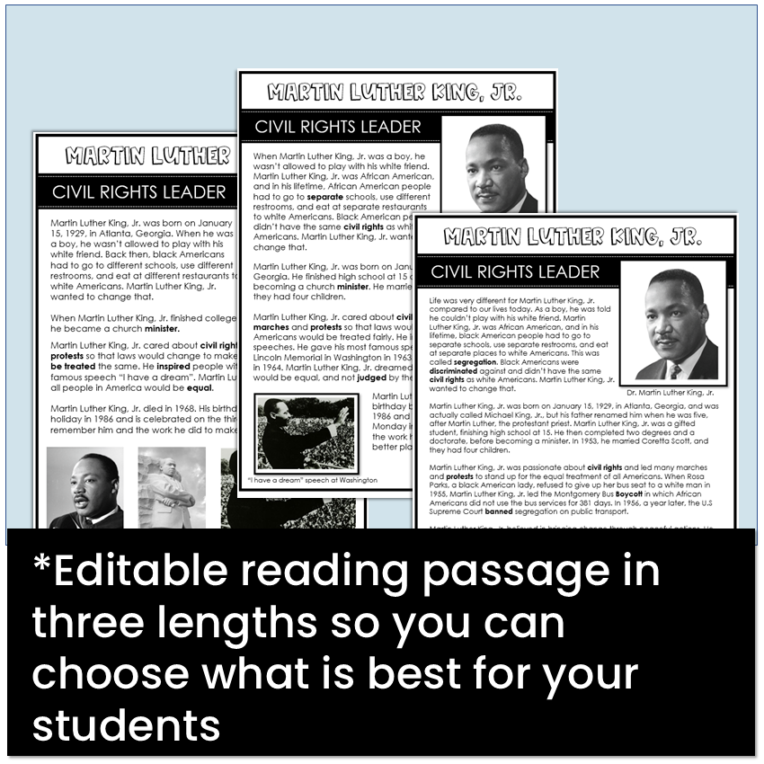 Martin Luther King, Jr, Differentiated Reading Passage Comprehension ...