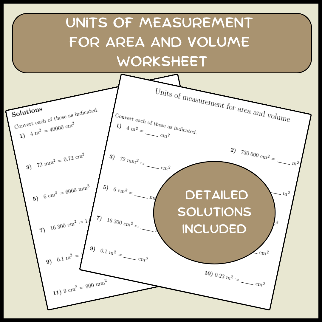 Units of measurement for area and volume worksheet (with solutions)