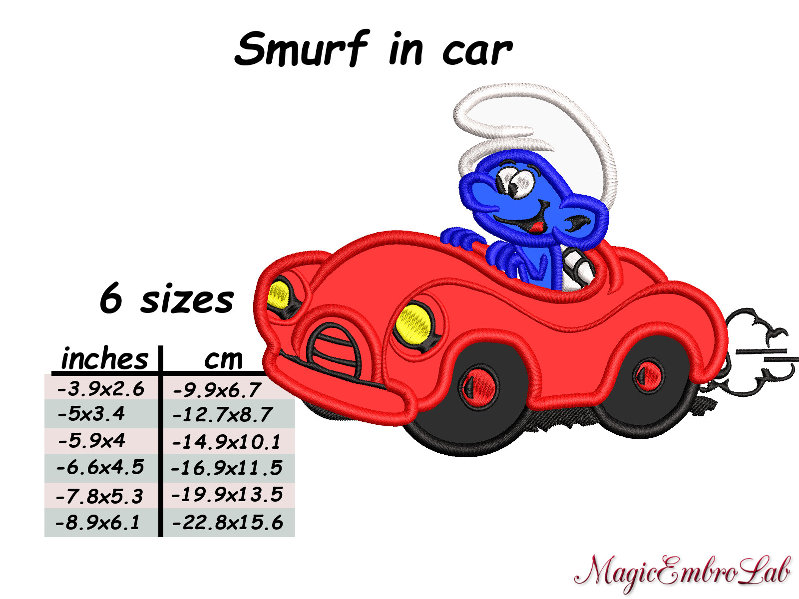 Smurf in Car APPLIQUE, 6 sizes, Instant Download - Payhip