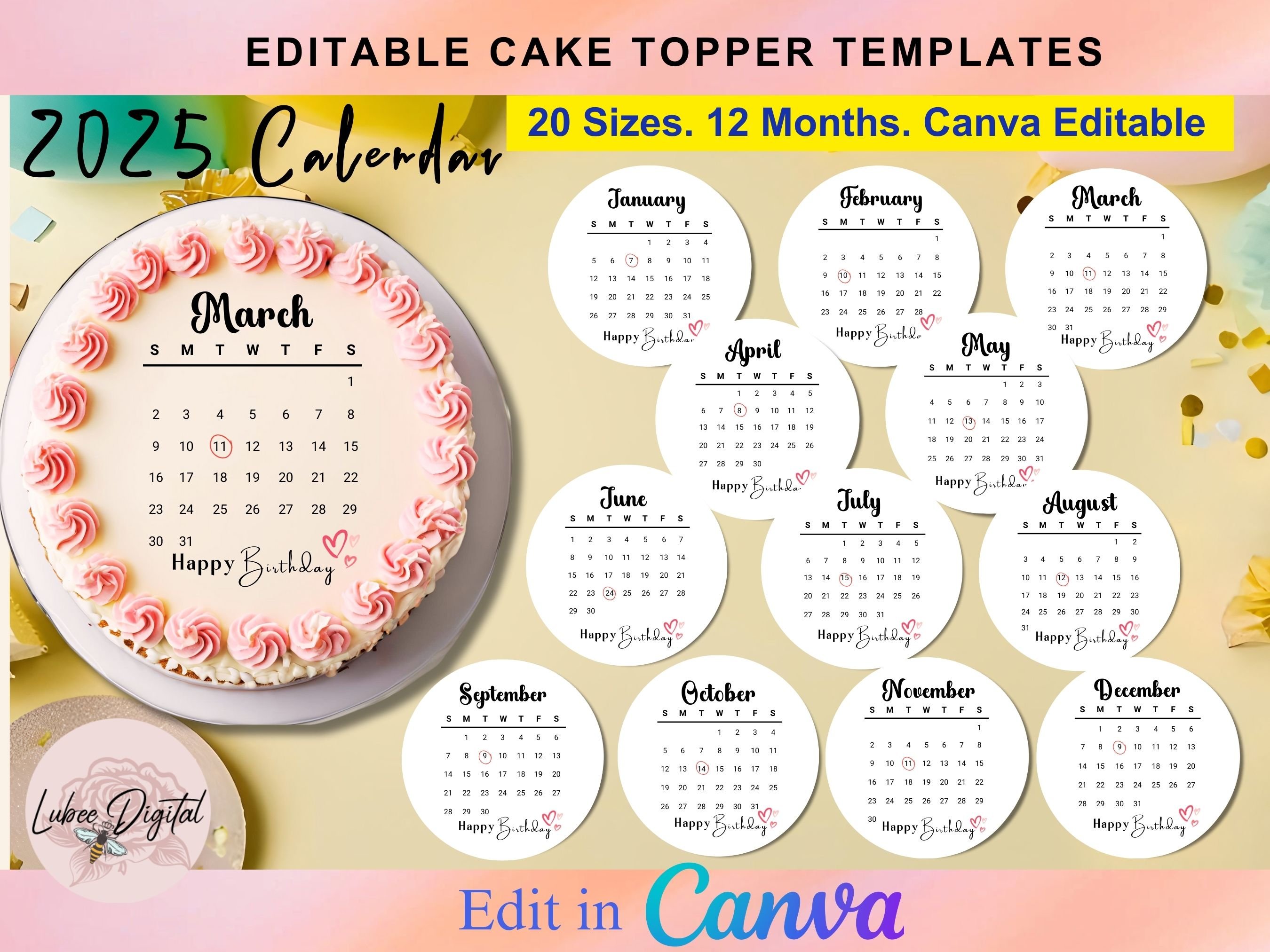 Canva Editable Cake Calendar,Burn Away Round Calendar Cake Topper Template