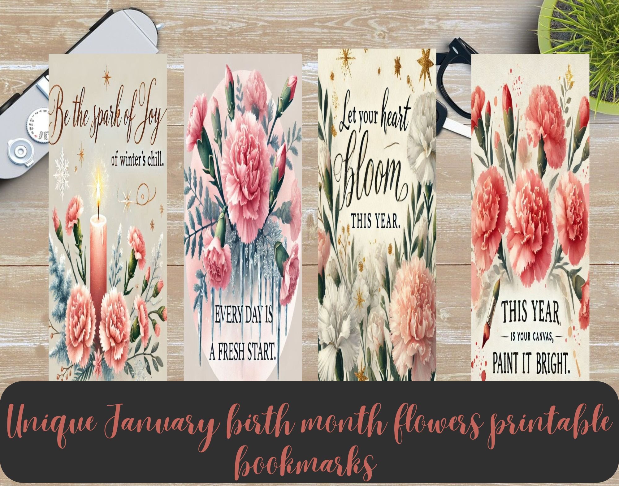 Carnations January birthday Positive affirmations printable bookmarks ...