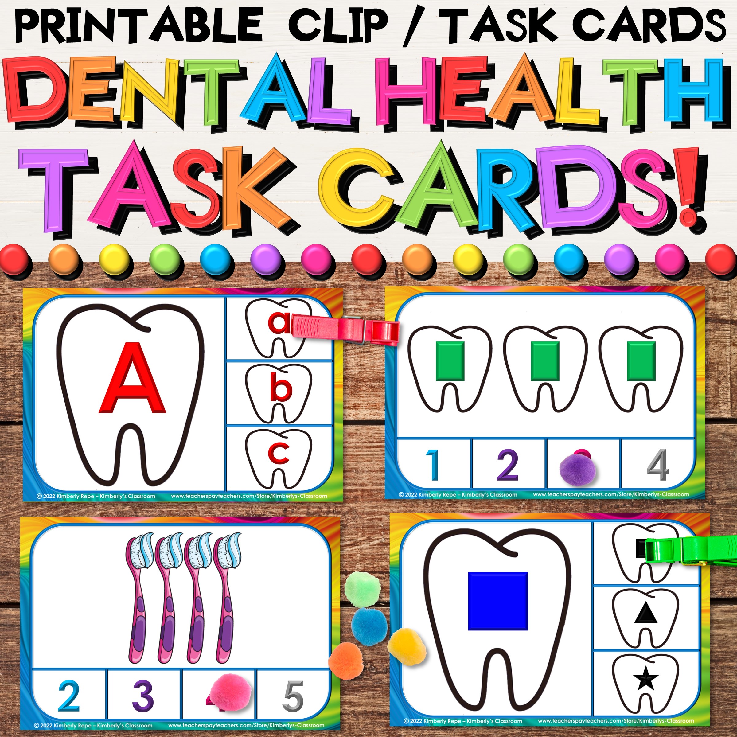 Dental Health Math & Literacy Task Cards - Hygiene, Alphabet & Shapes ...