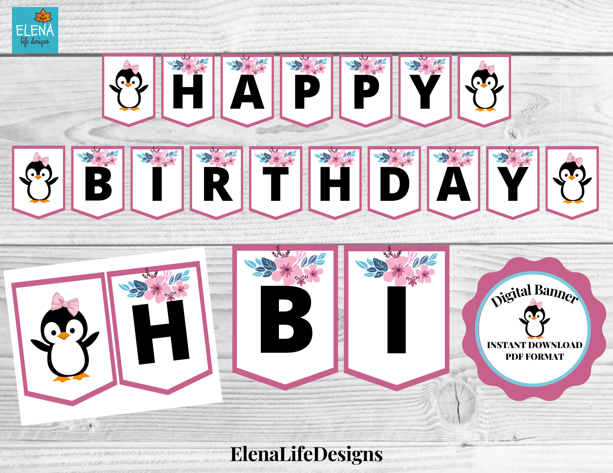 Penguin Girl Happy Birthday Banner - Happy Birthday Instant Download ...