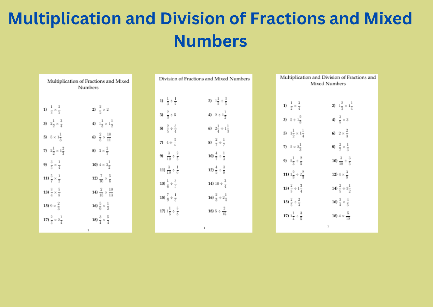 Multiplication and Division of Fractions and Mixed Numbers Bundle