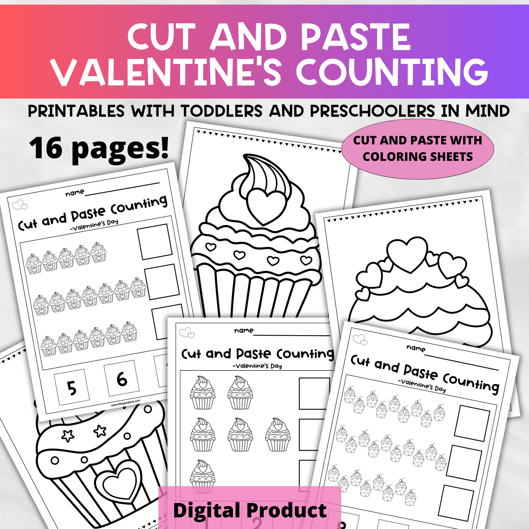 Valentine’s Day Cut and Paste Worksheets for Kids | Preschool Counting ...