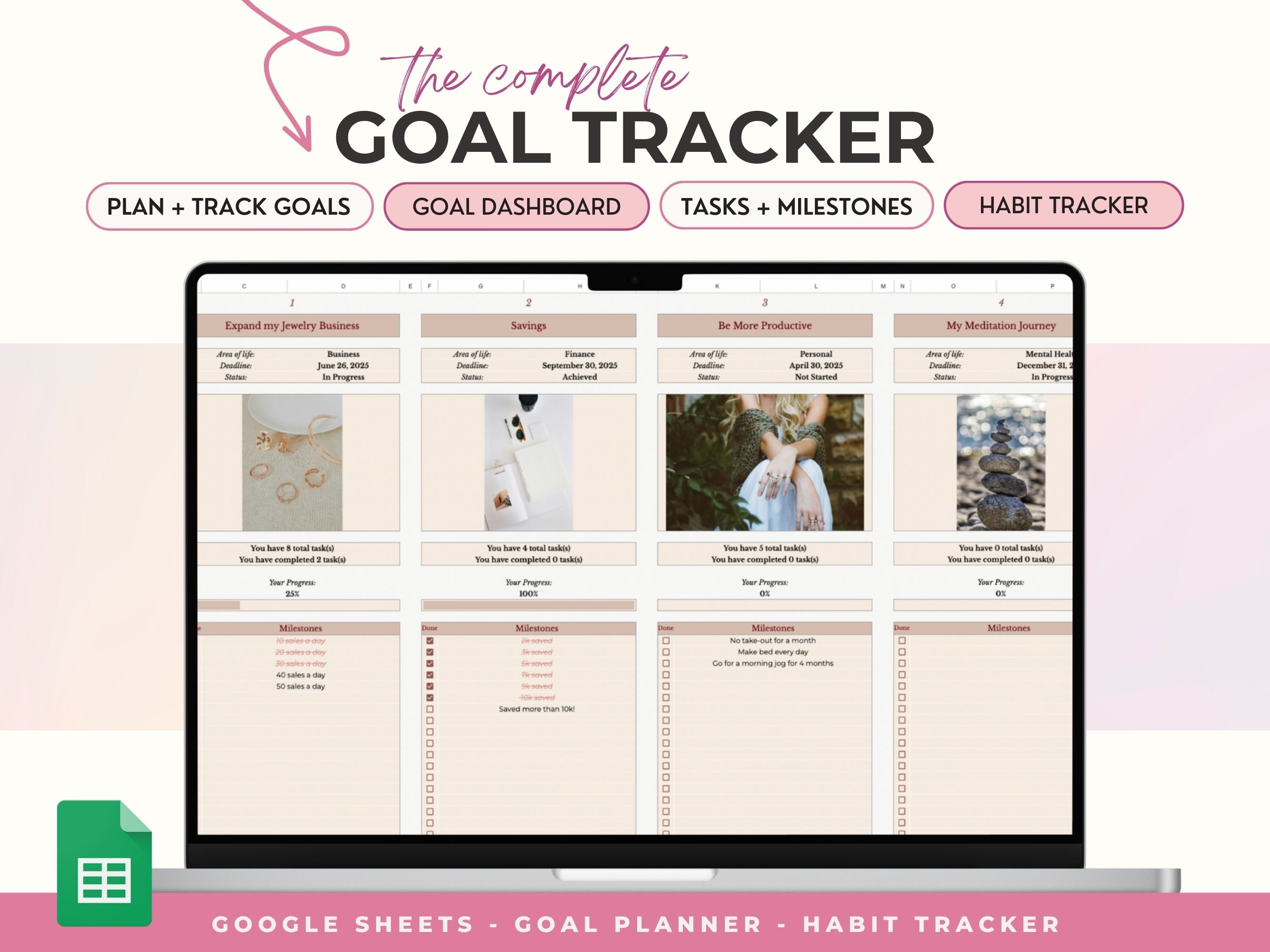 Goal Planner Google Sheets with Habit Tracker, Goal Setting Template ...