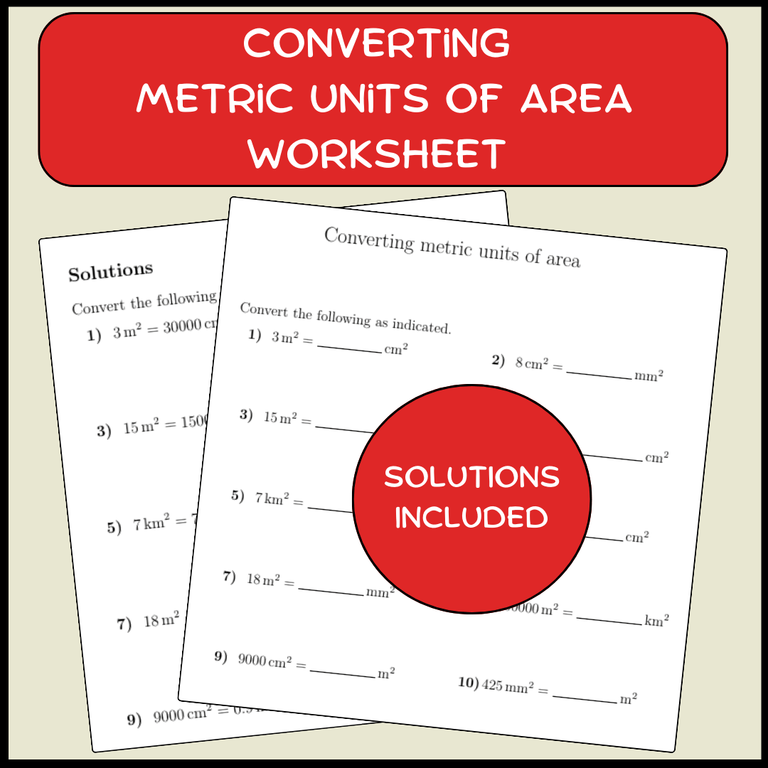 Converting metric units of area worksheet (with answers)
