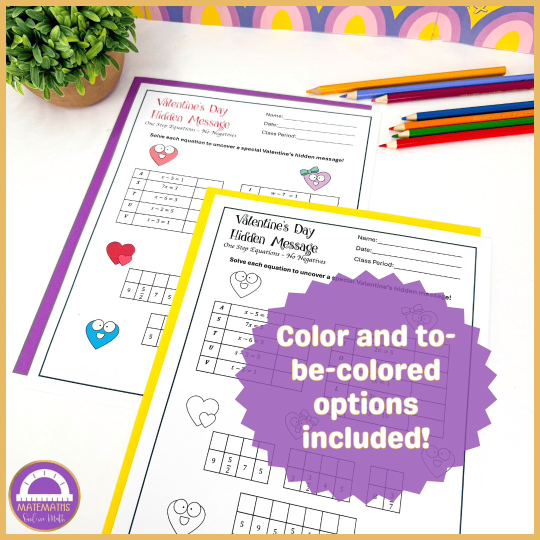 Valentine's Day One Step Equations Code Breaker Differentiated