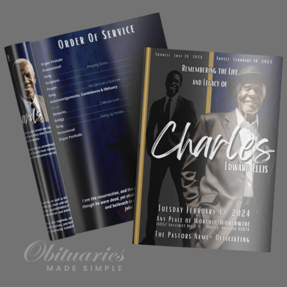 Navy & Gold Crest Funeral Program Template | Elegant Memorial Program