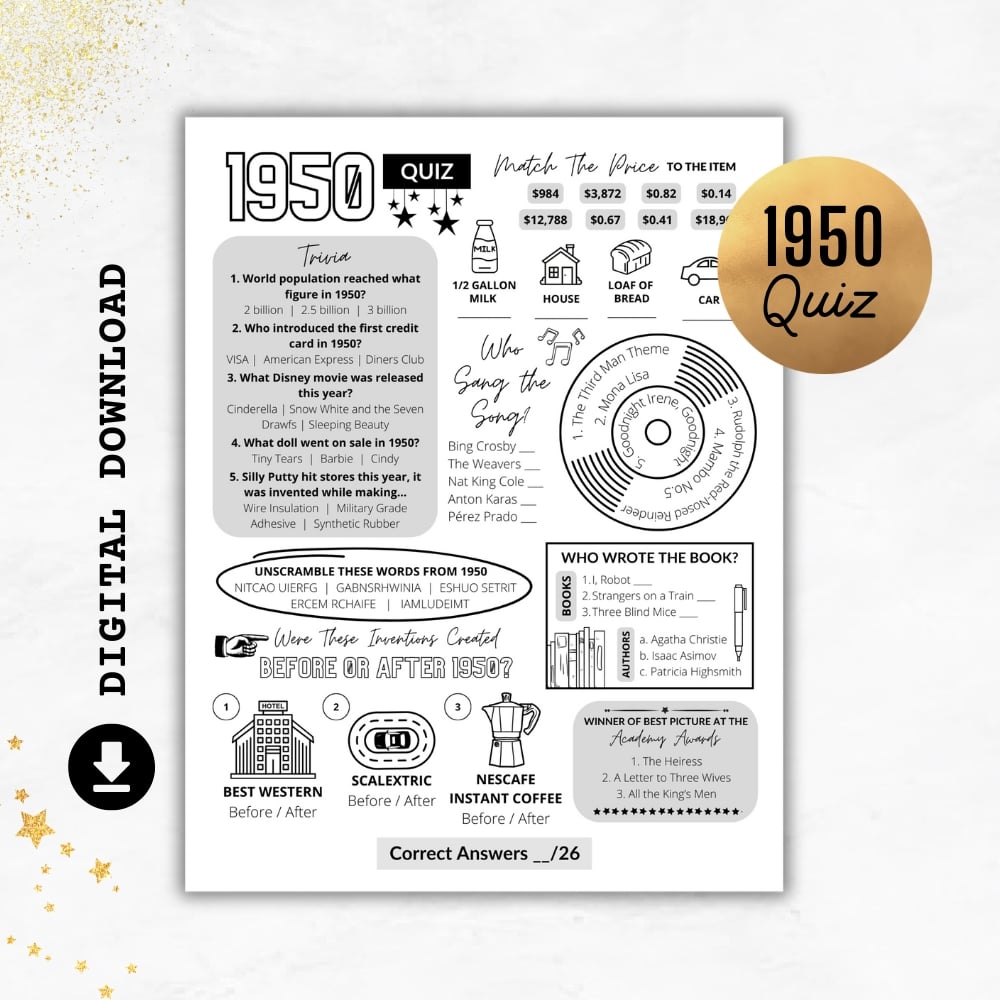 1950 QUIZ - Party Games Trivia For Birthday / Anniversary - Digital ...
