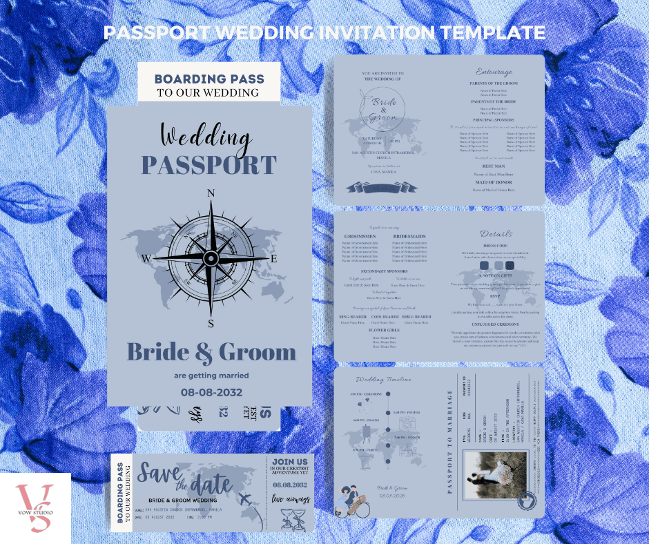Passport Wedding Invitation Template Blue with Boarding Pass I Wedding ...