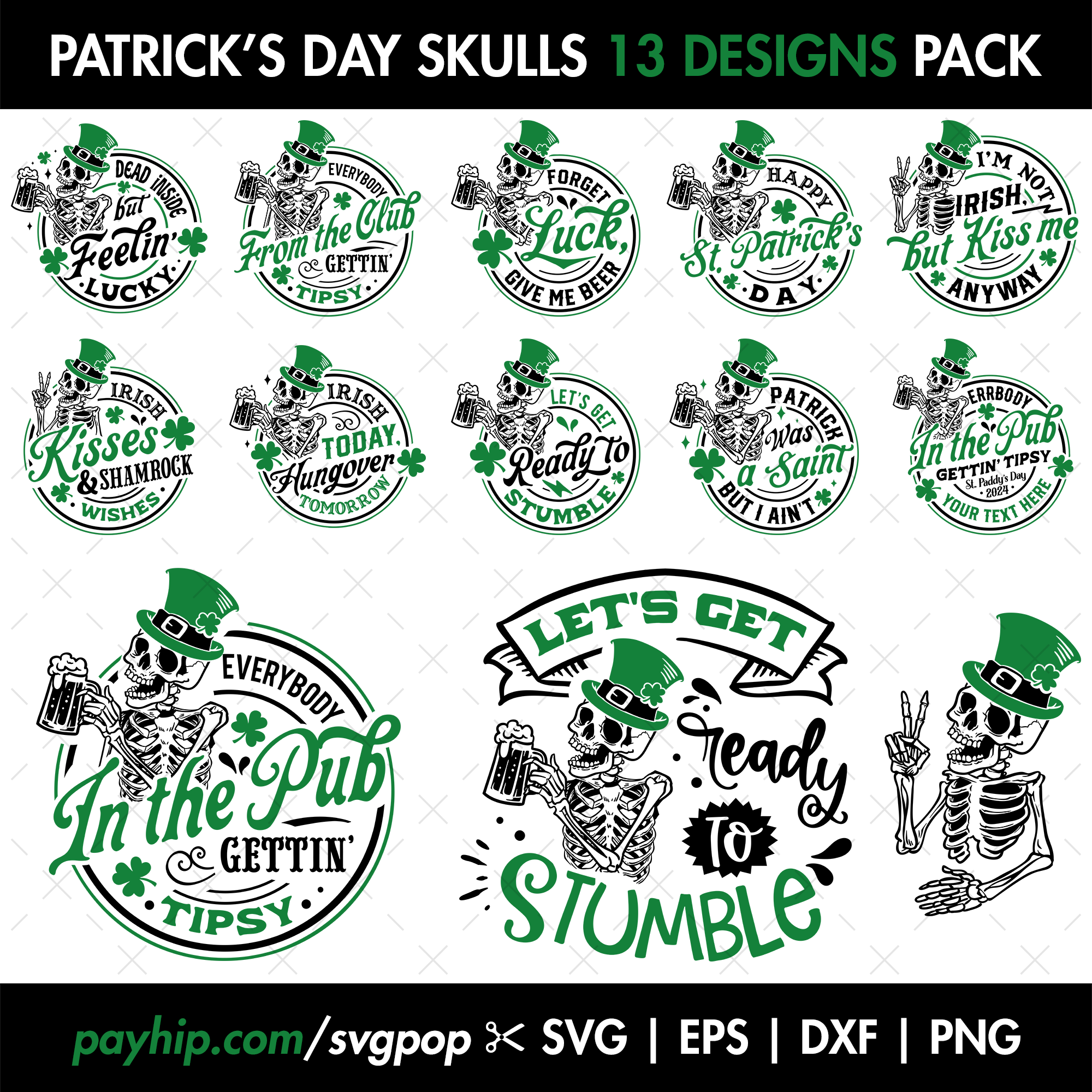 Patrick's Day Skulls 13 Designs Pack - Payhip