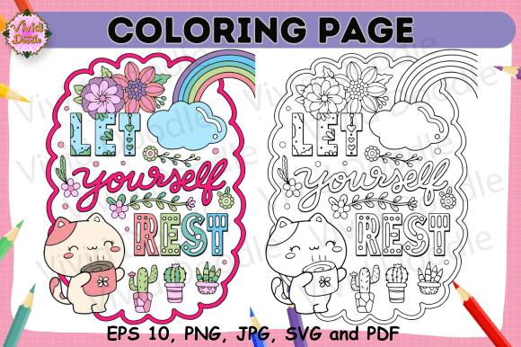 "Let Yourself Rest" Cute Kitten & Rainbow Coloring Page | Digital ...