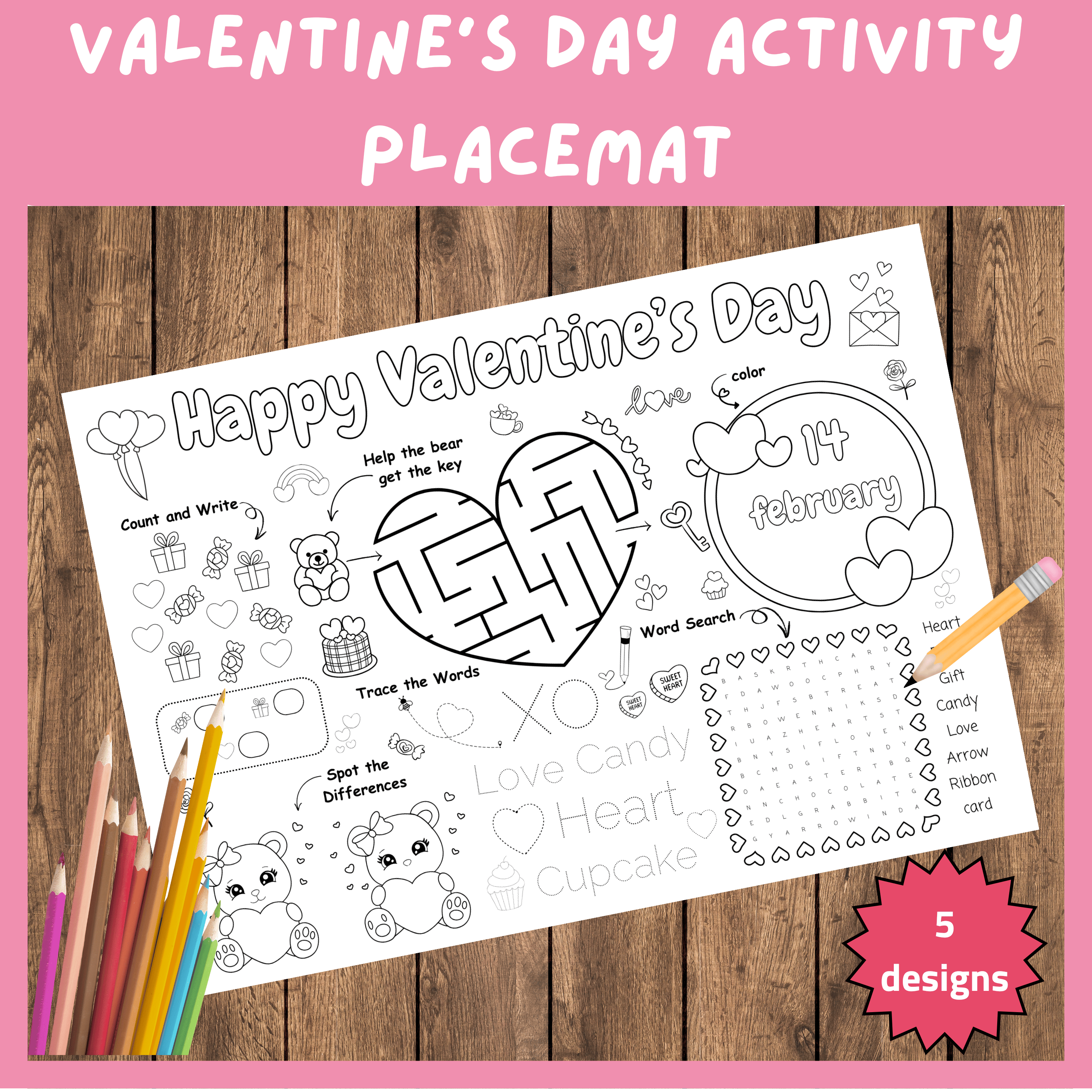 Valentine’s Day Activity Placemat- Fun Printable Worksheets for Kids ...