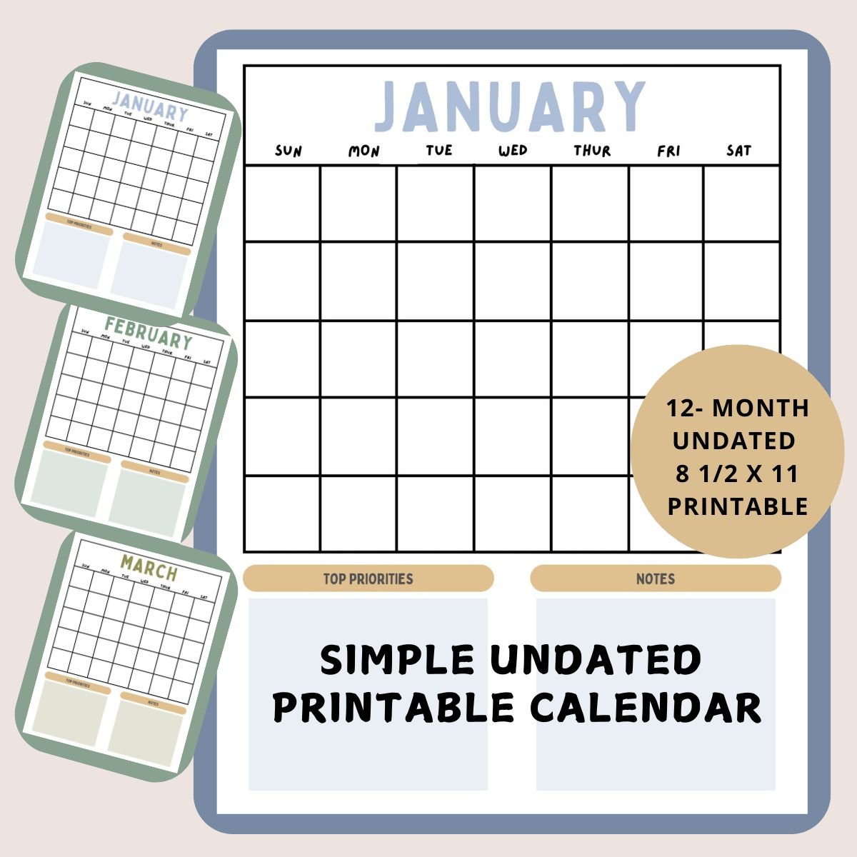 Simple Undated Monthly Calendar Printable - Payhip