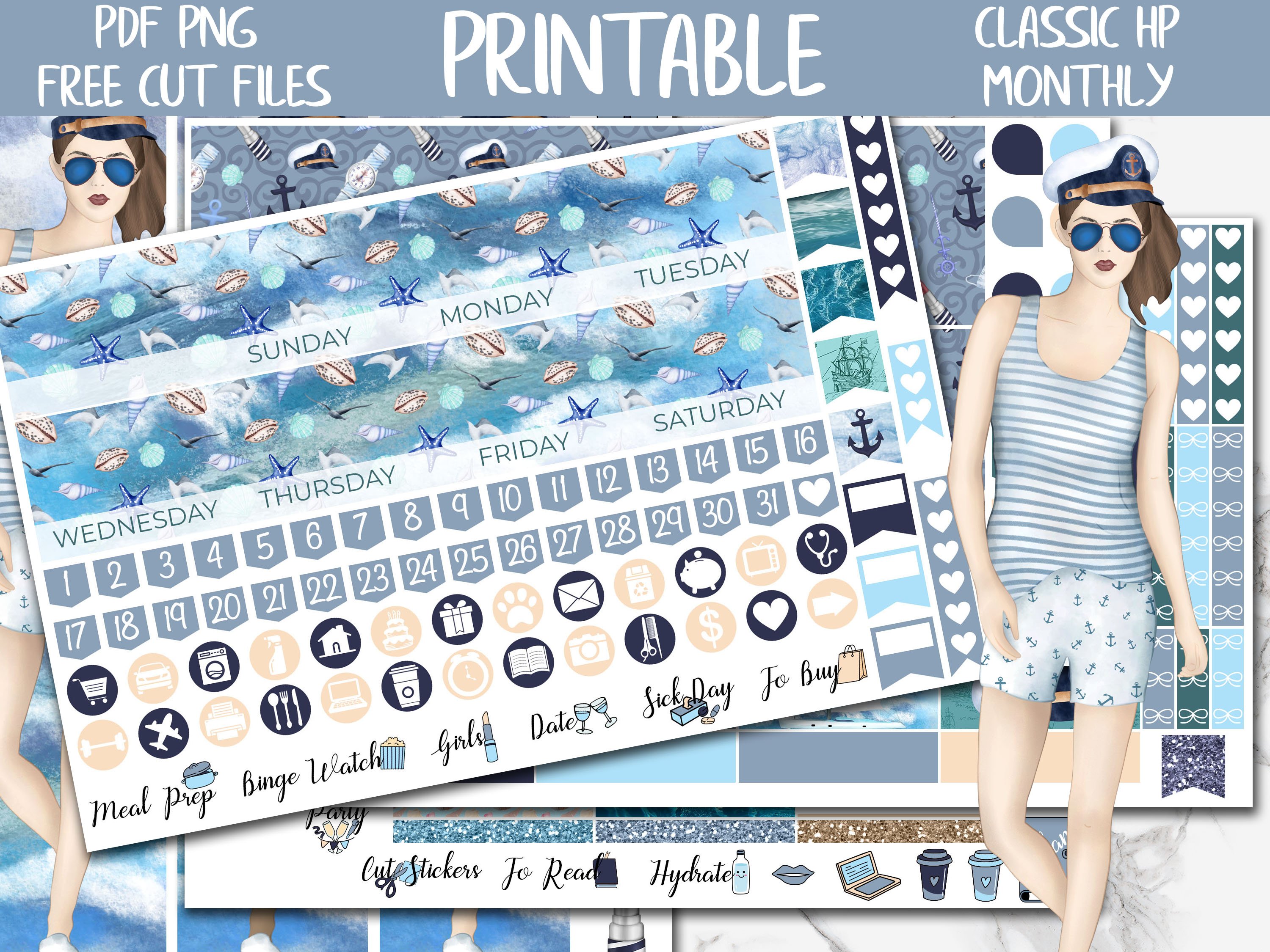 Nautical | Summer Classic Happy Planner Printable June Monthly Stickers ...