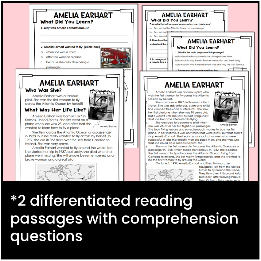 Amelia Earhart Reading Timeline Craft Activity Pack Women's History Month