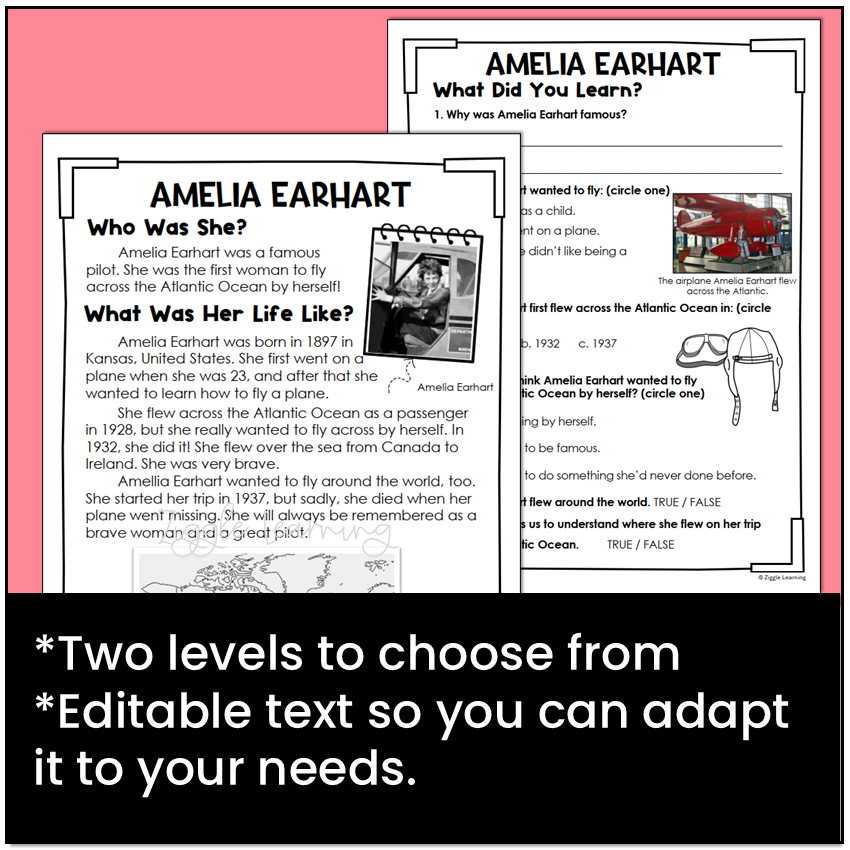 Amelia Earhart Reading Comprehension Informational Text Digital and Print
