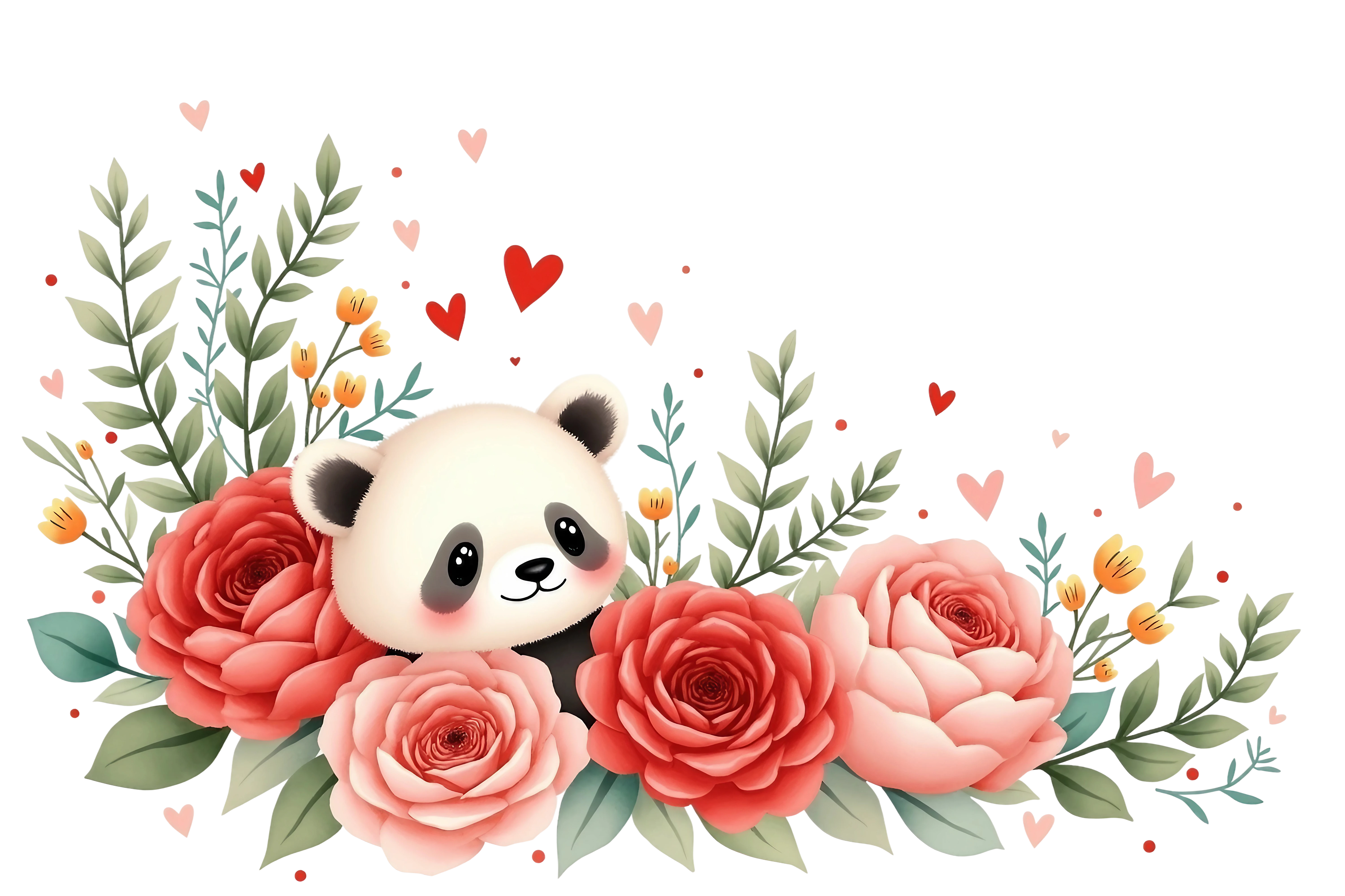 Watercolor Panda with Rose Corner Bouquet - Payhip